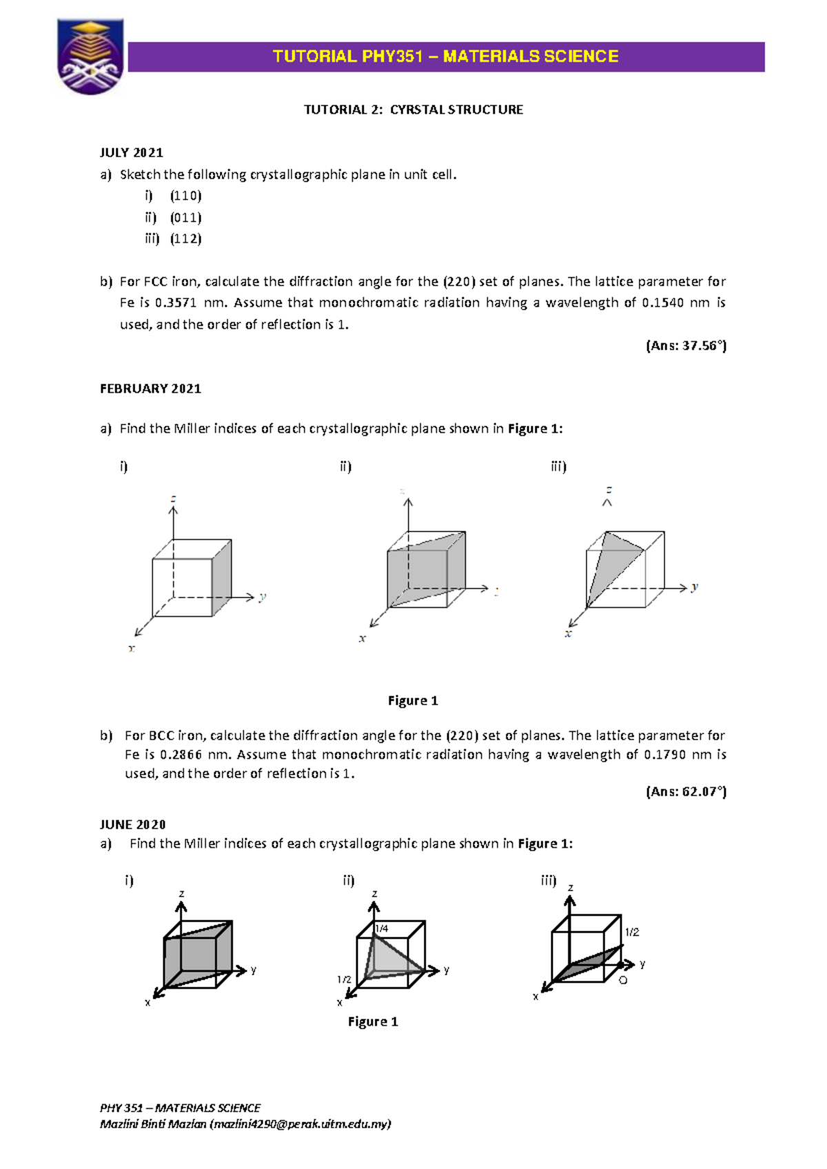 PHY351 Tutorial 2 - PHY 351 – MATERIALS SCIENCE TUTORIAL 2 : CYRSTAL ...