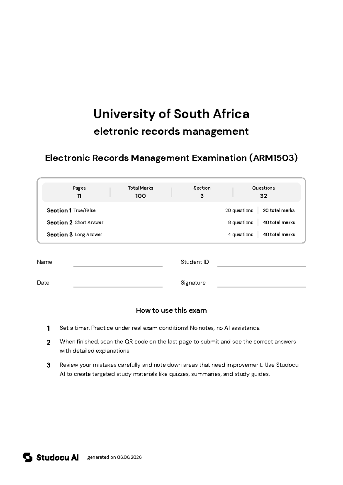 Final Exam: Electronic Records Management (ARM1503) - Studocu