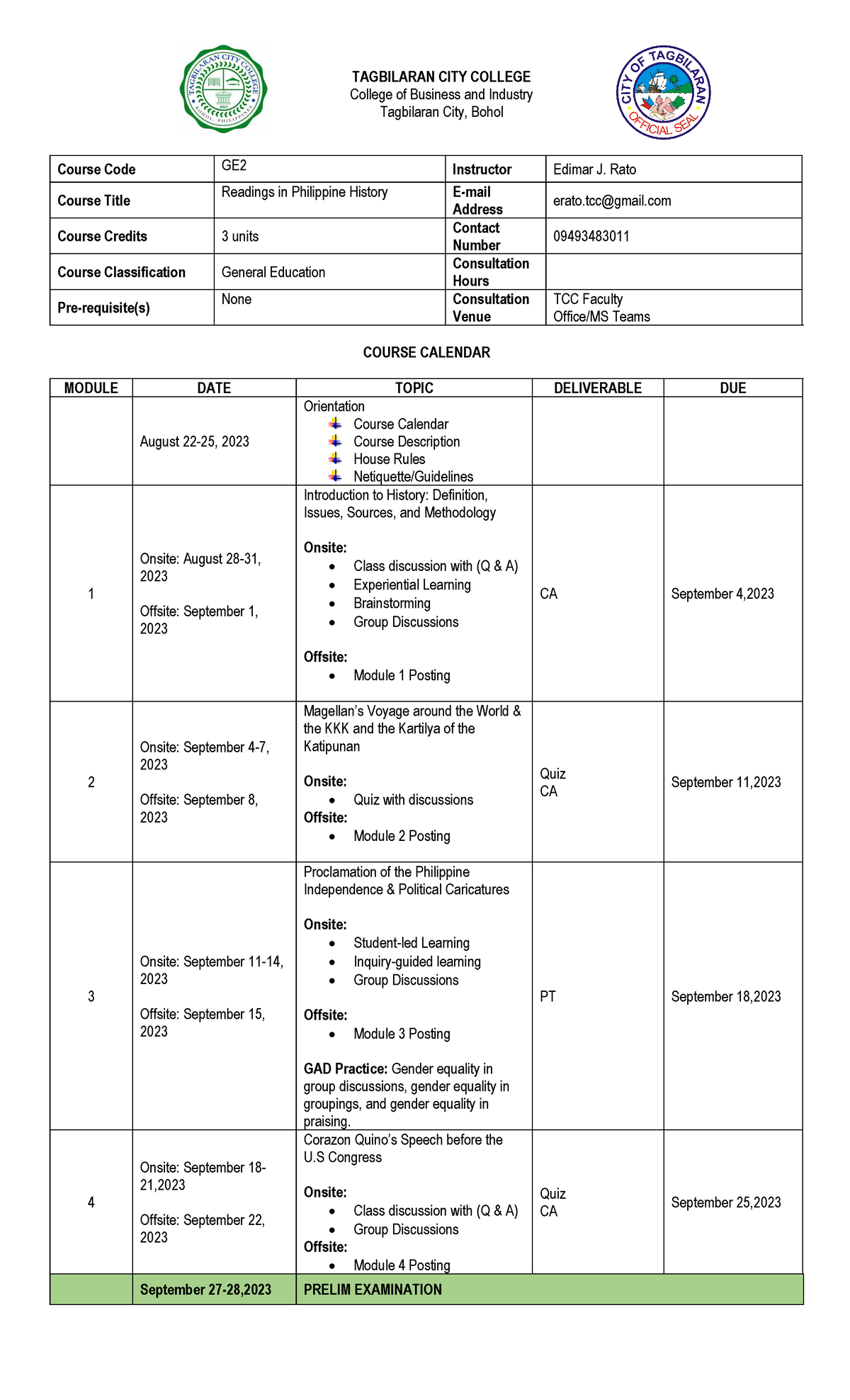 GE2 Course-Calendar S12023-2024 - TAGBILARAN CITY COLLEGE College of ...
