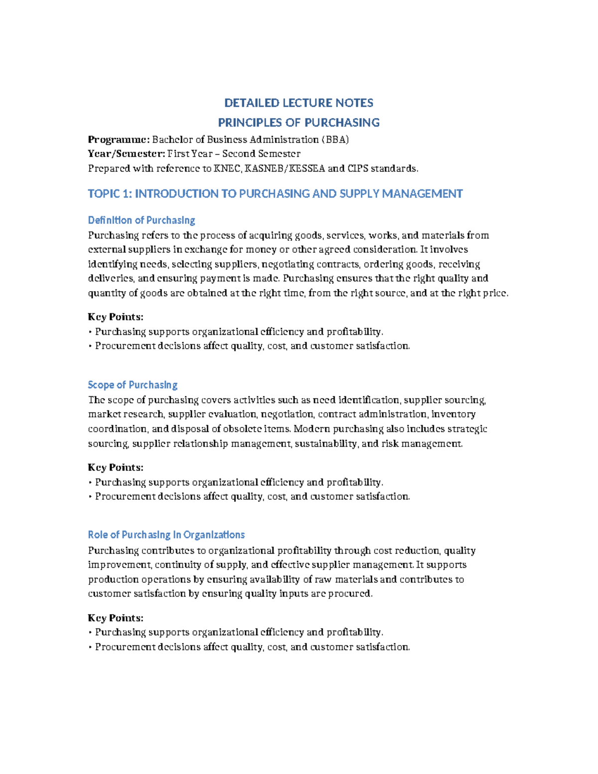 BBA 1st Year 2nd Sem: Detailed Lecture Notes on Purchasing Principles ...