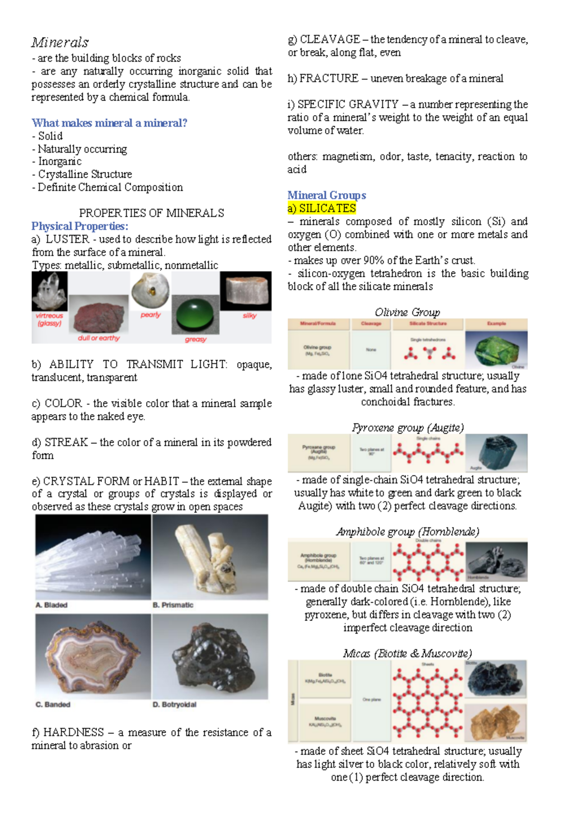 Minerals AND Rocks - class notes by a friend - Minerals are the ...