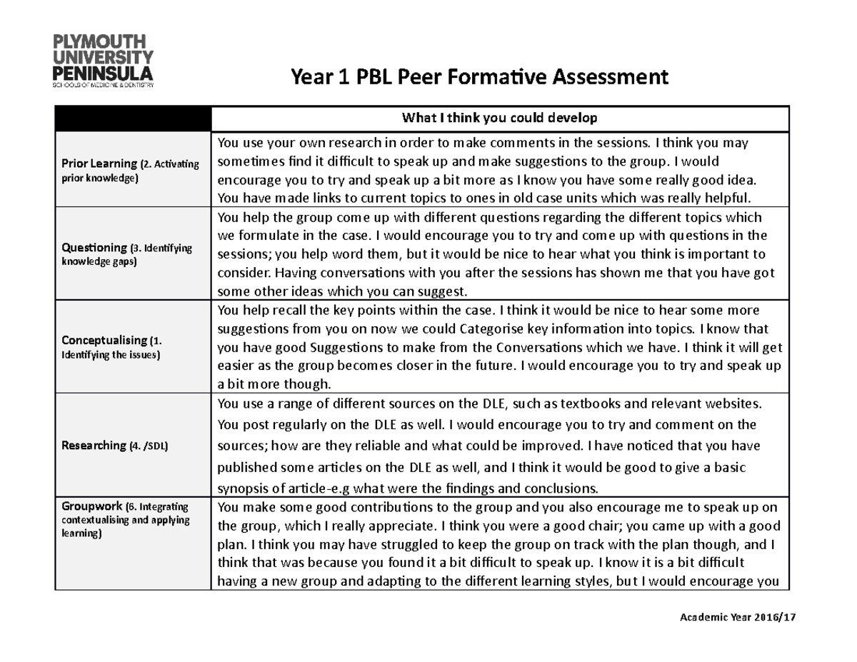 Formative Peer Feedback ebl example - Year 1 PBL Peer Formative ...