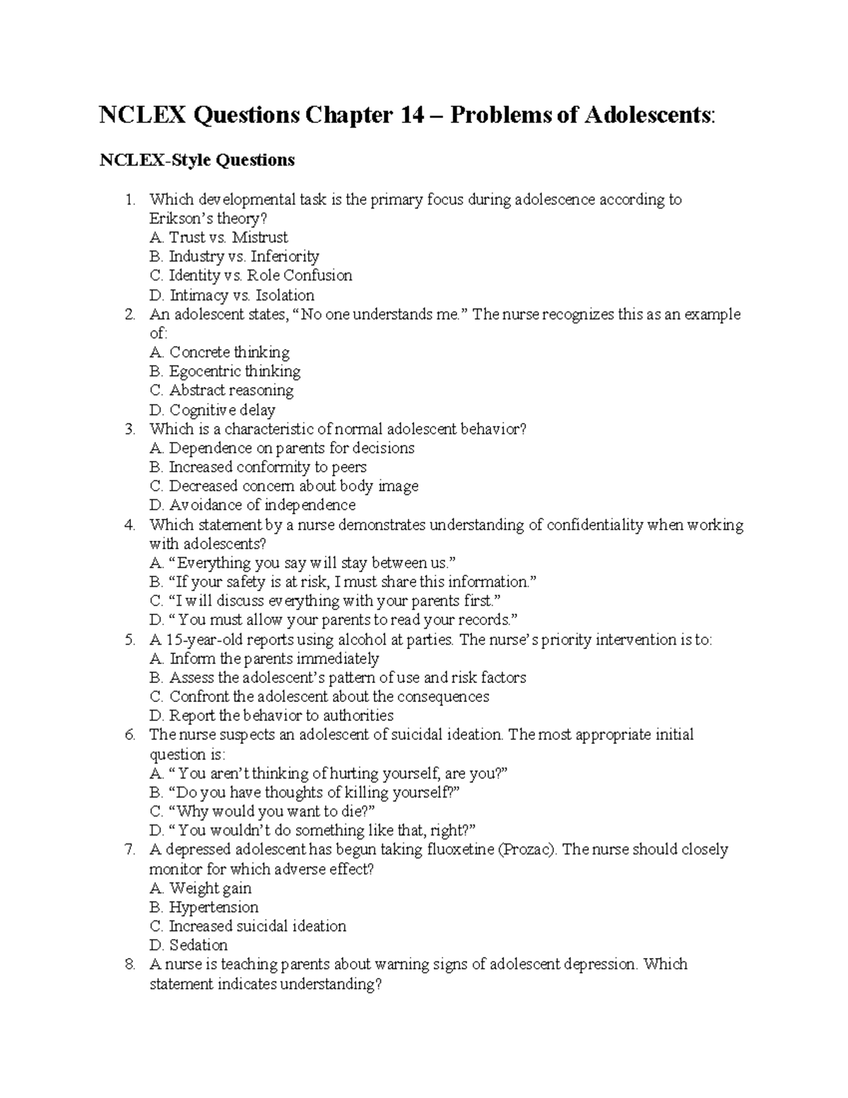 NU 160 NCLEX Review: Chapter 14 - Adolescent Problems & Questions - Studocu
