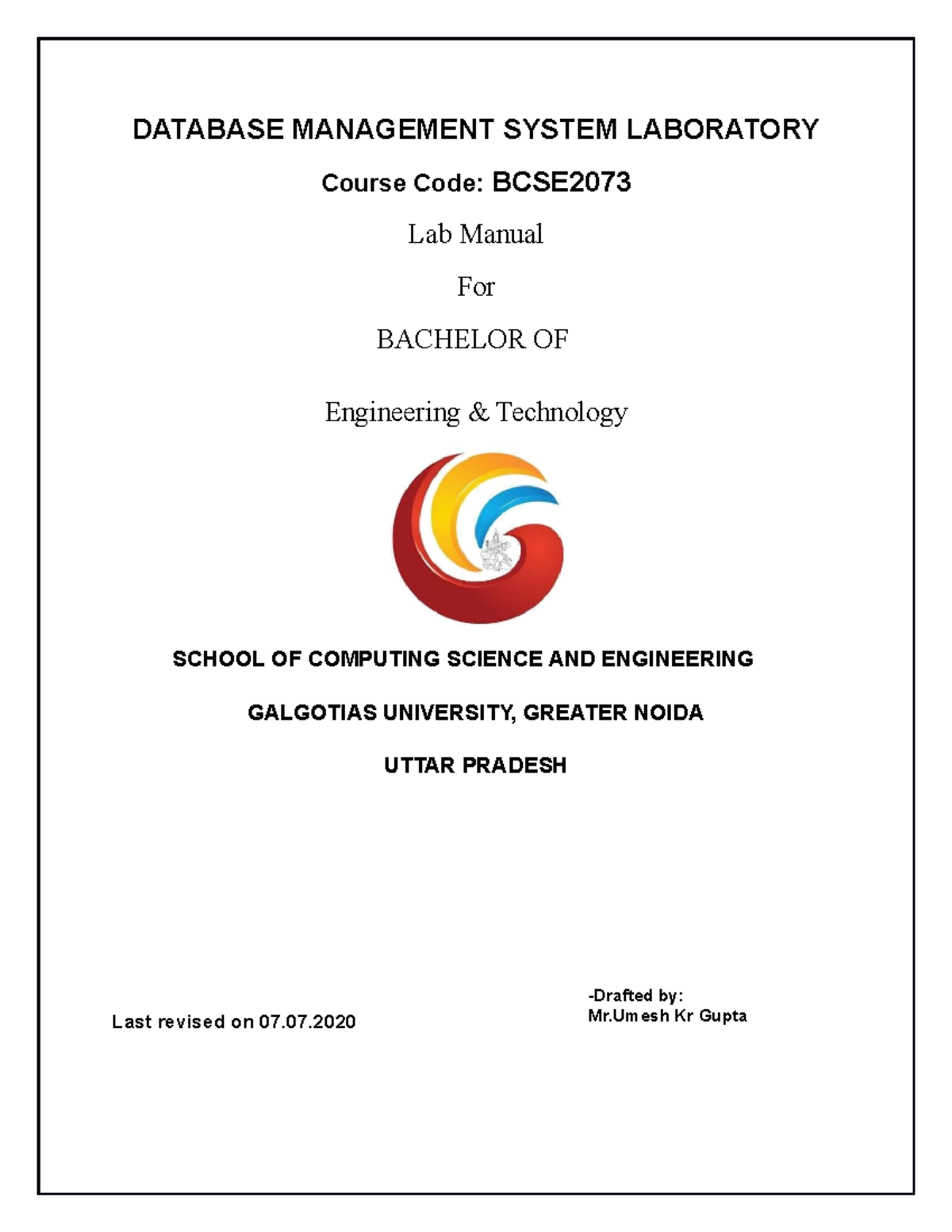 BCSE2073 DBMS Lab Manual: Experiments on DDL, DML, and PL/SQL - Studocu