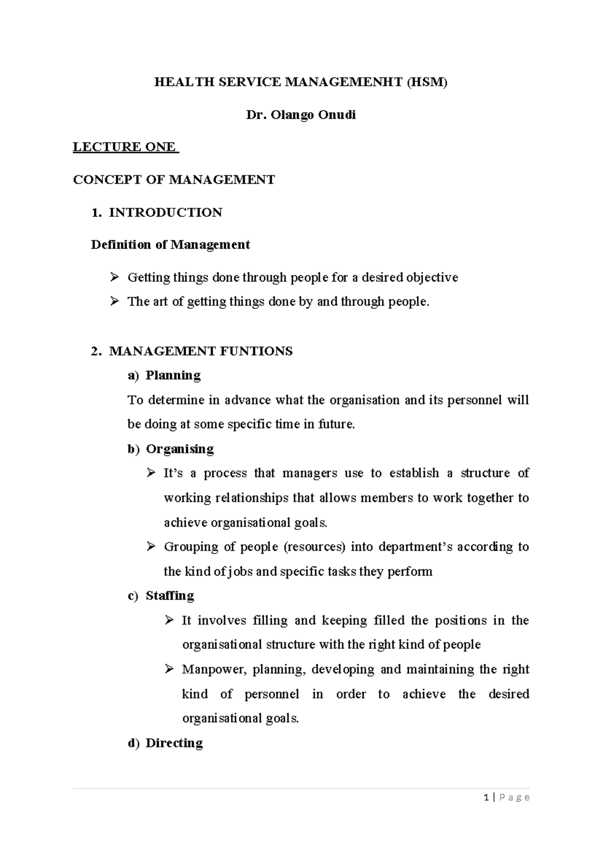 HEALTH SERVICE MANAGEMENT (HSM) LECTURE ONE: MANAGEMENT CONCEPTS - Studocu