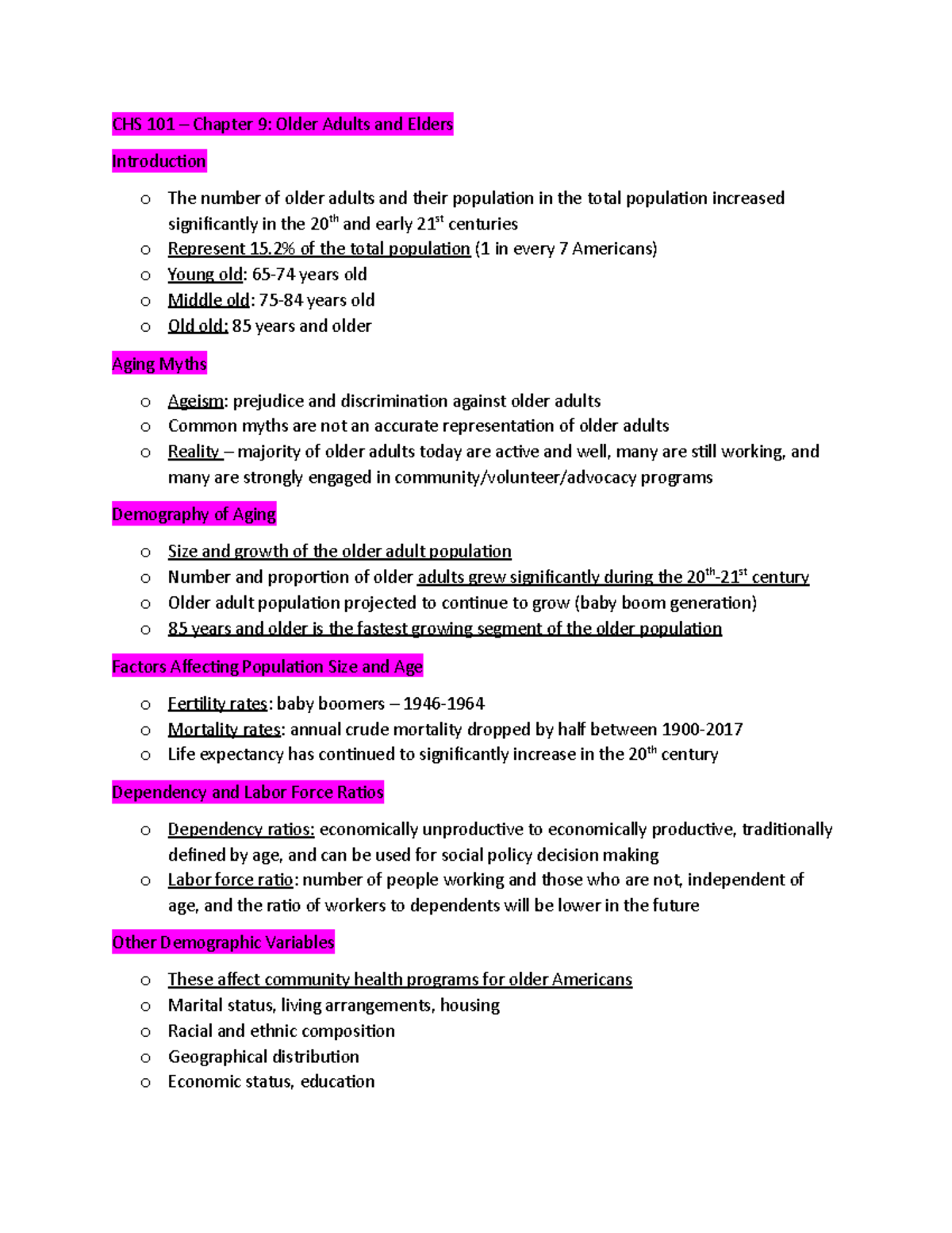 CHS 101 - Chapter 9: Understanding Older Adults' Health and Needs - Studocu
