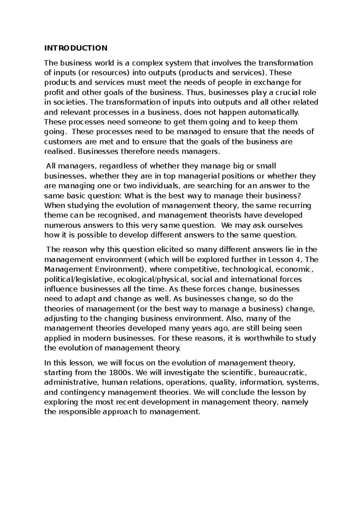 Evolution of Management Theory: A Responsible Approach (BUSM101) - Studocu