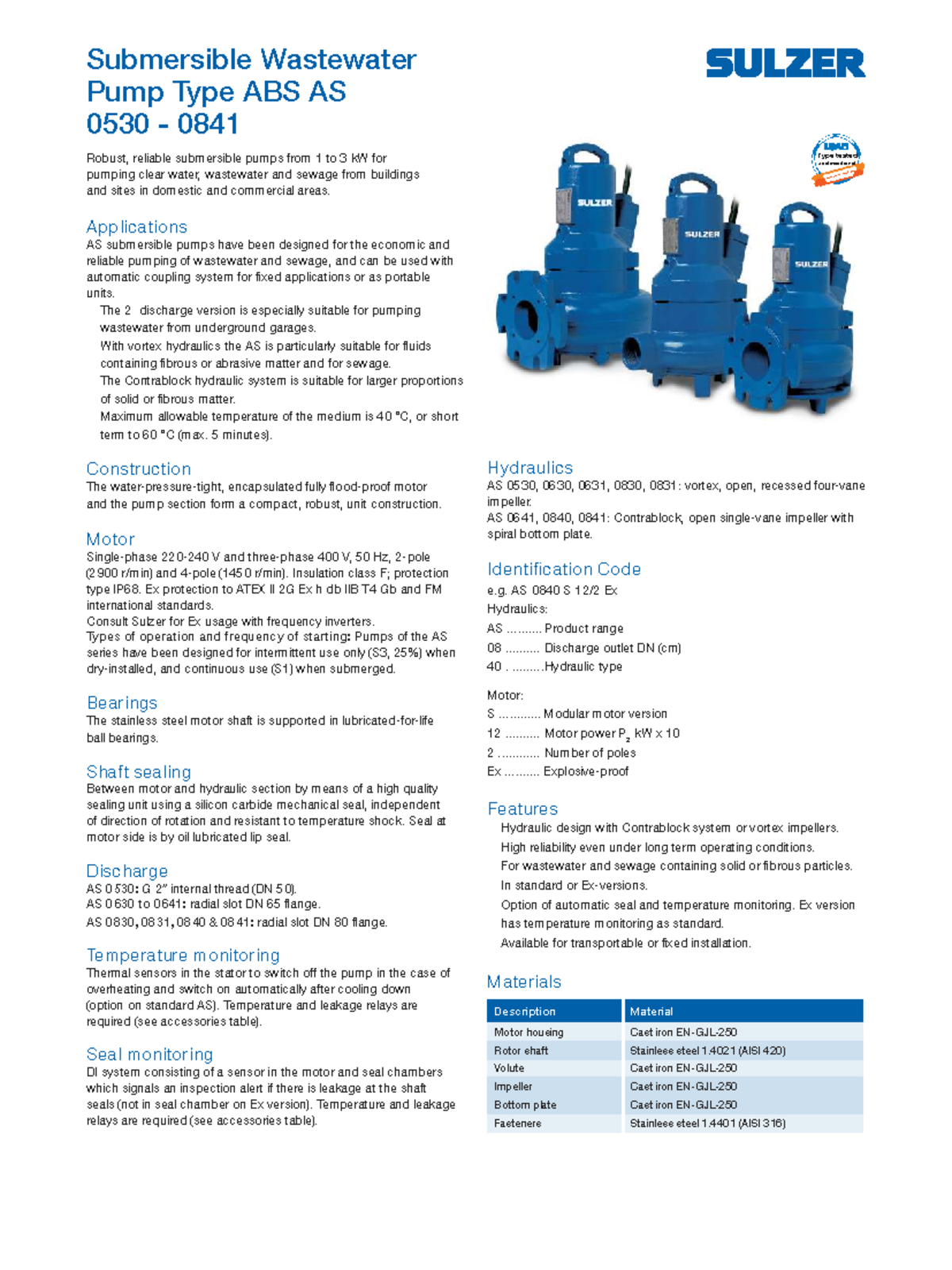 AS TDS: Technical Data Sheet for ABS AS 0530 0841 Submersible Pumps - Studocu