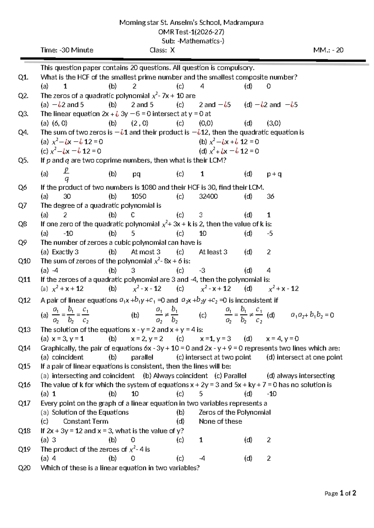 OMR Test: Class X Mathematics - 20 Questions - Studocu