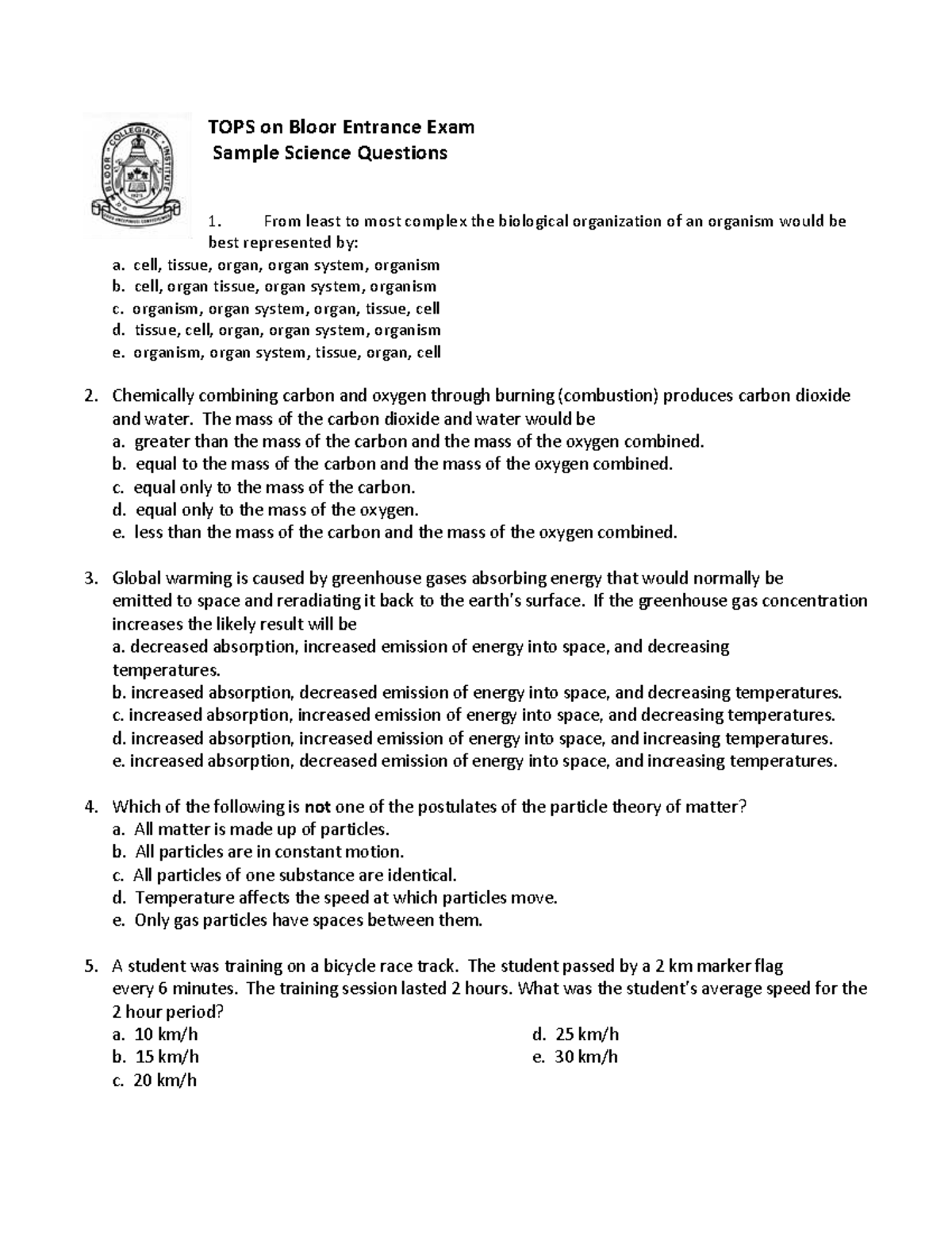TOPS on Bloor Entrance Exam Sample Science Questions - Studocu