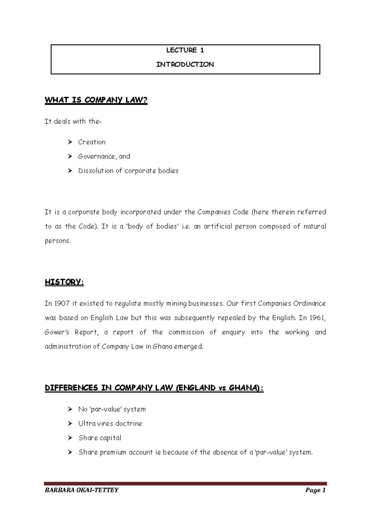 Lecture 1: Introduction to Company Law and Its Historical Context - Studocu