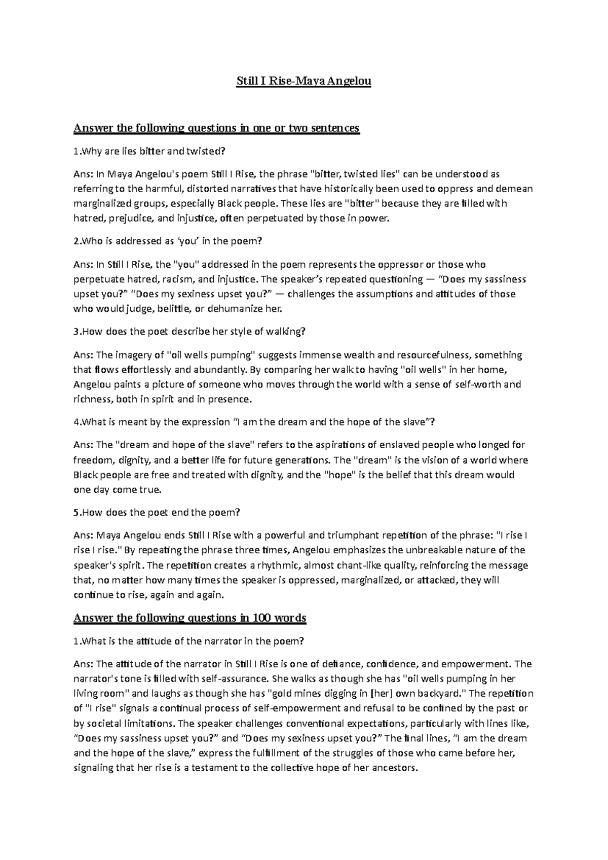 Still I Rise Analysis Notes for Literature Study (ENG 101) - Studocu