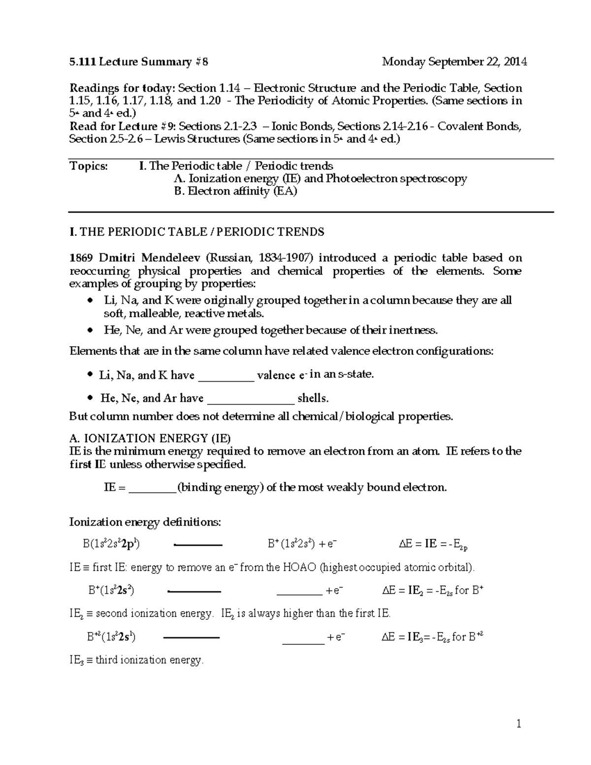 MIT 5.111F14 Lecture Summary: Periodic Table & Atomic Properties - Studocu