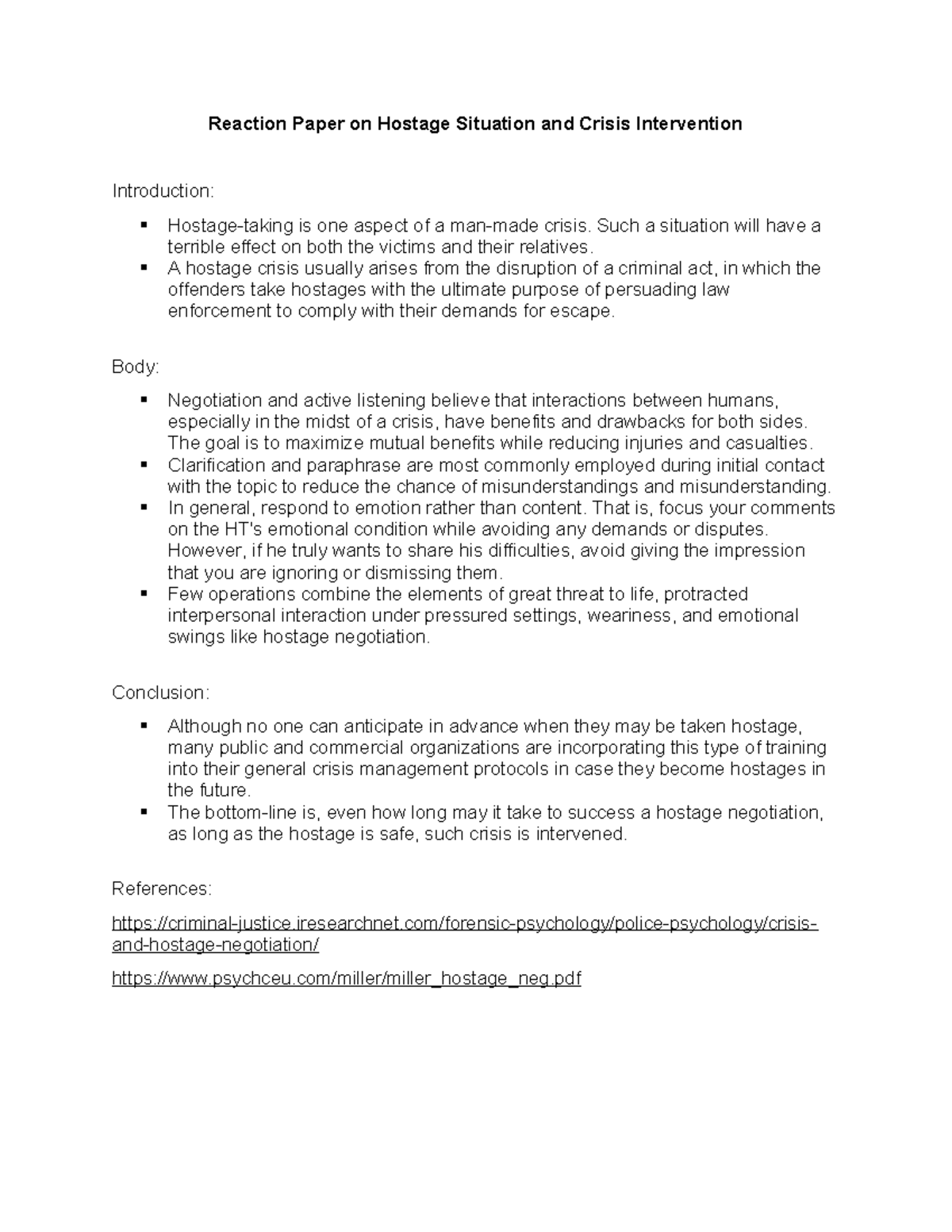 Crisis Intervention & Hostage Negotiation Reaction Paper Analysis - Studocu