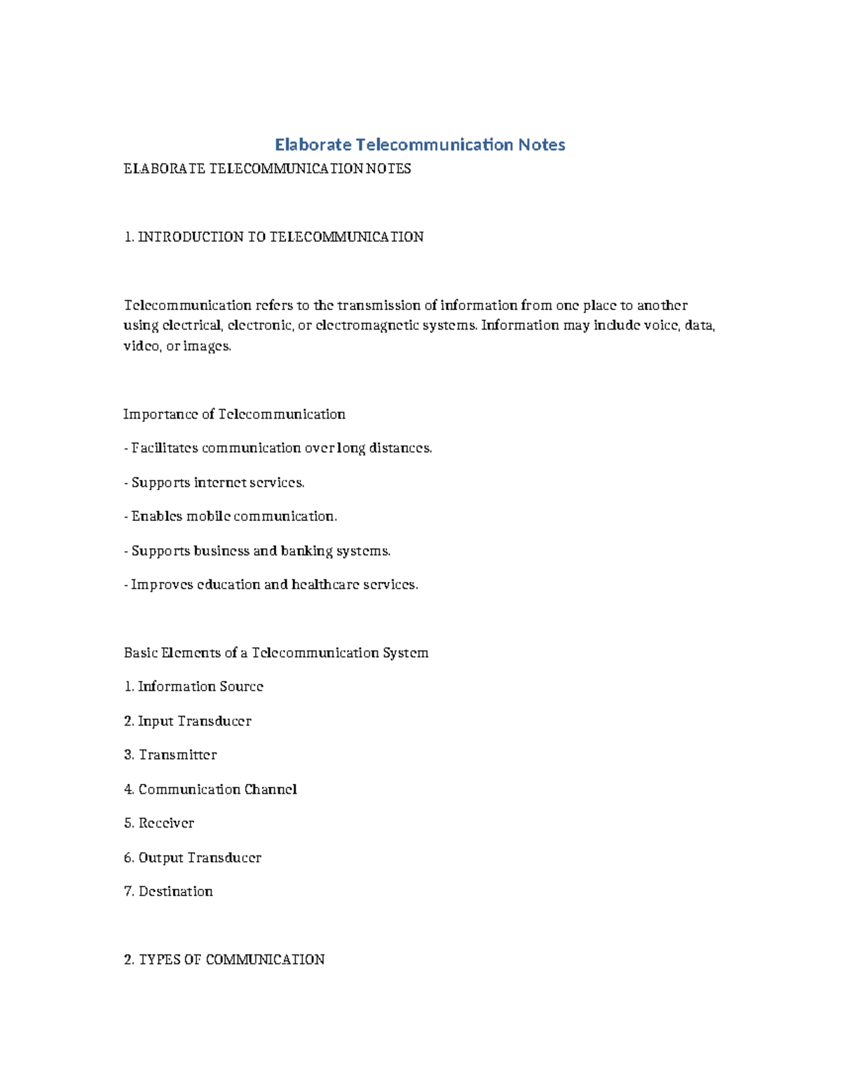 Telecommunication Overview and Key Concepts - ELAB 101 Notes - Studocu