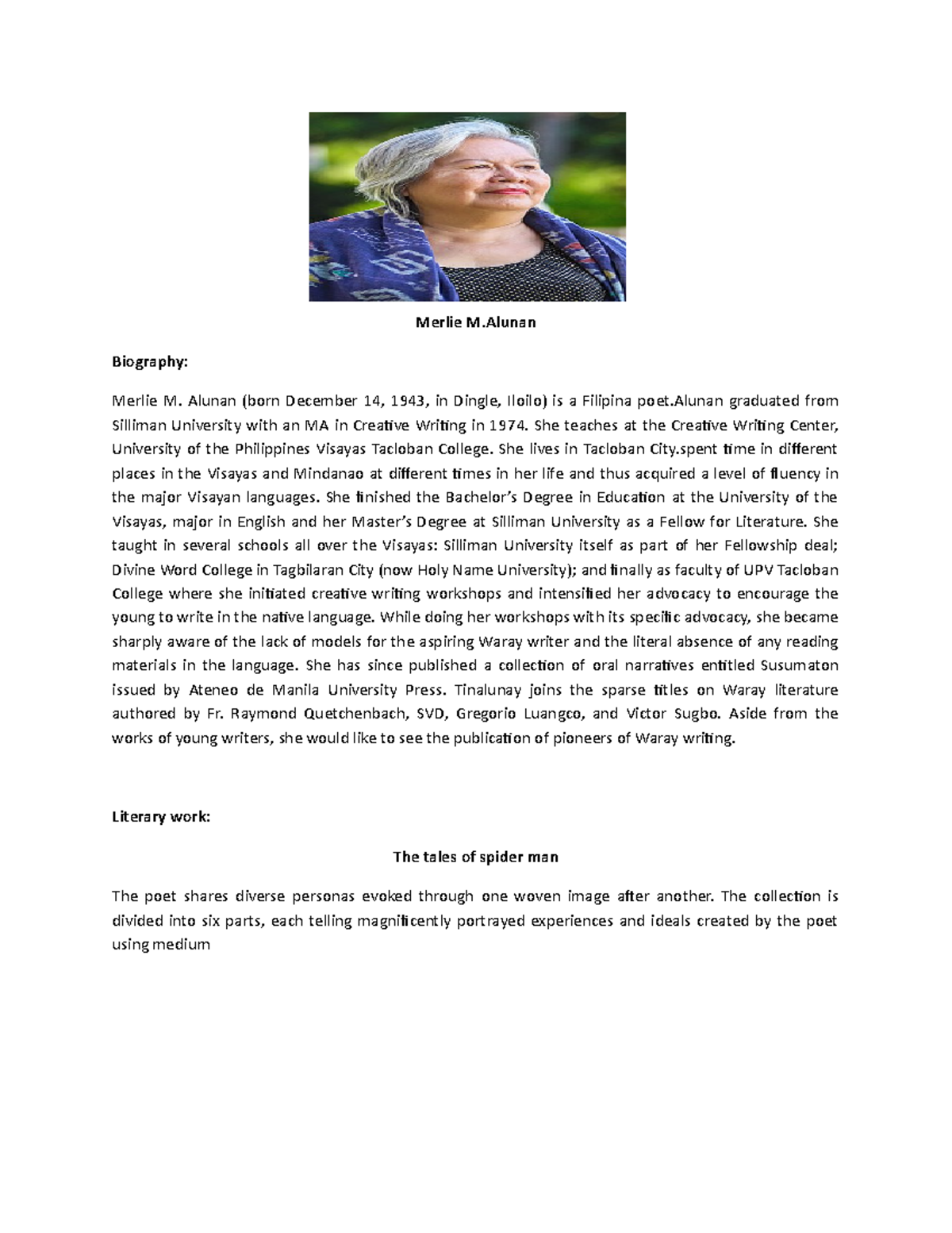Biography of Merlie M. Alunan: Poet and Educator in Creative Writing ...