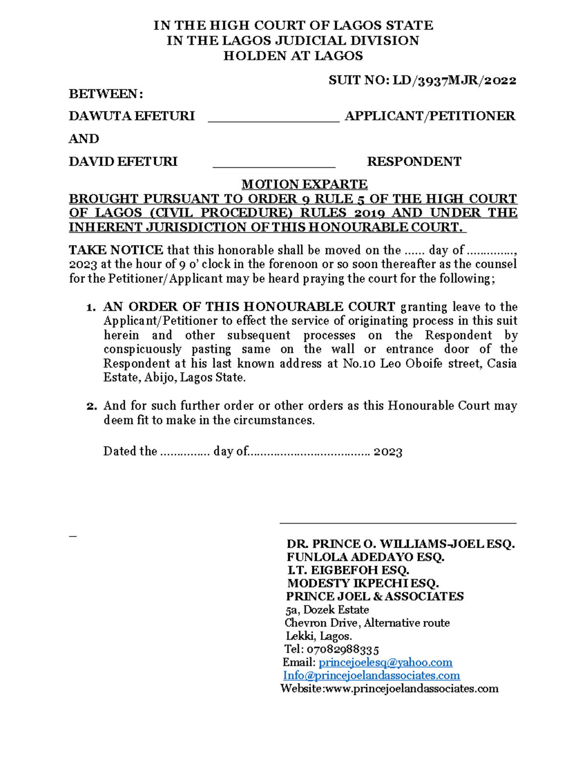 Motion for Substituted Service - Suit No: LD/3937MJR/ 2023 - Studocu