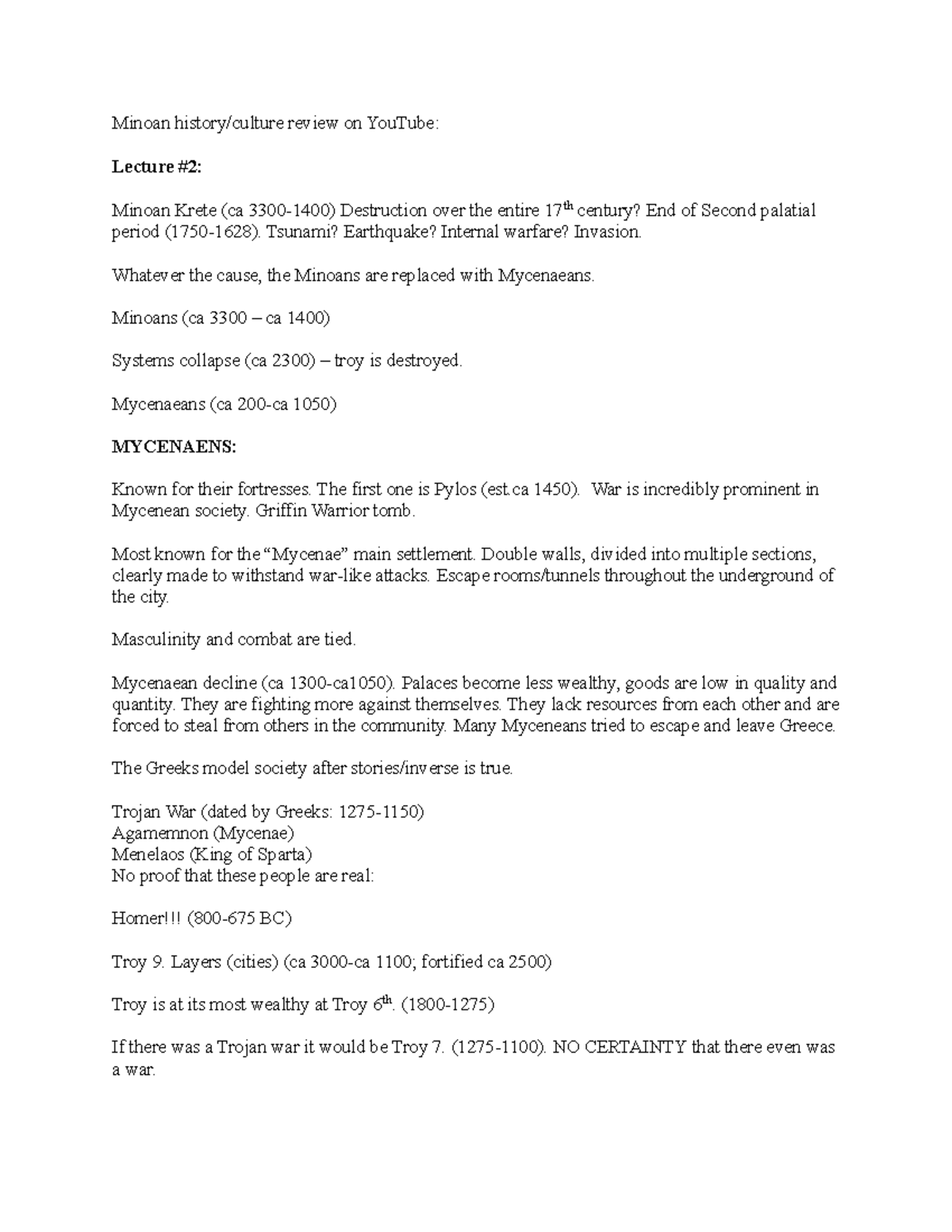 Greek Civ Lecture Notes: Minoans, Myceneans, and the Greek Dark Age ...