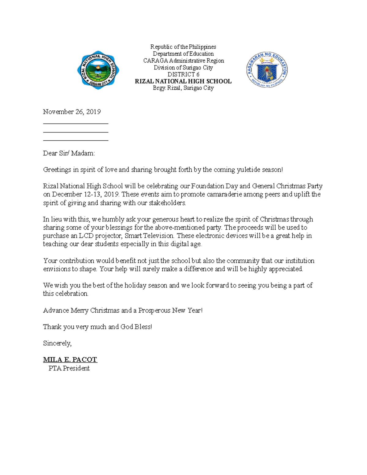 Solicitation Letter for Foundation Day: Rizal National High School ...