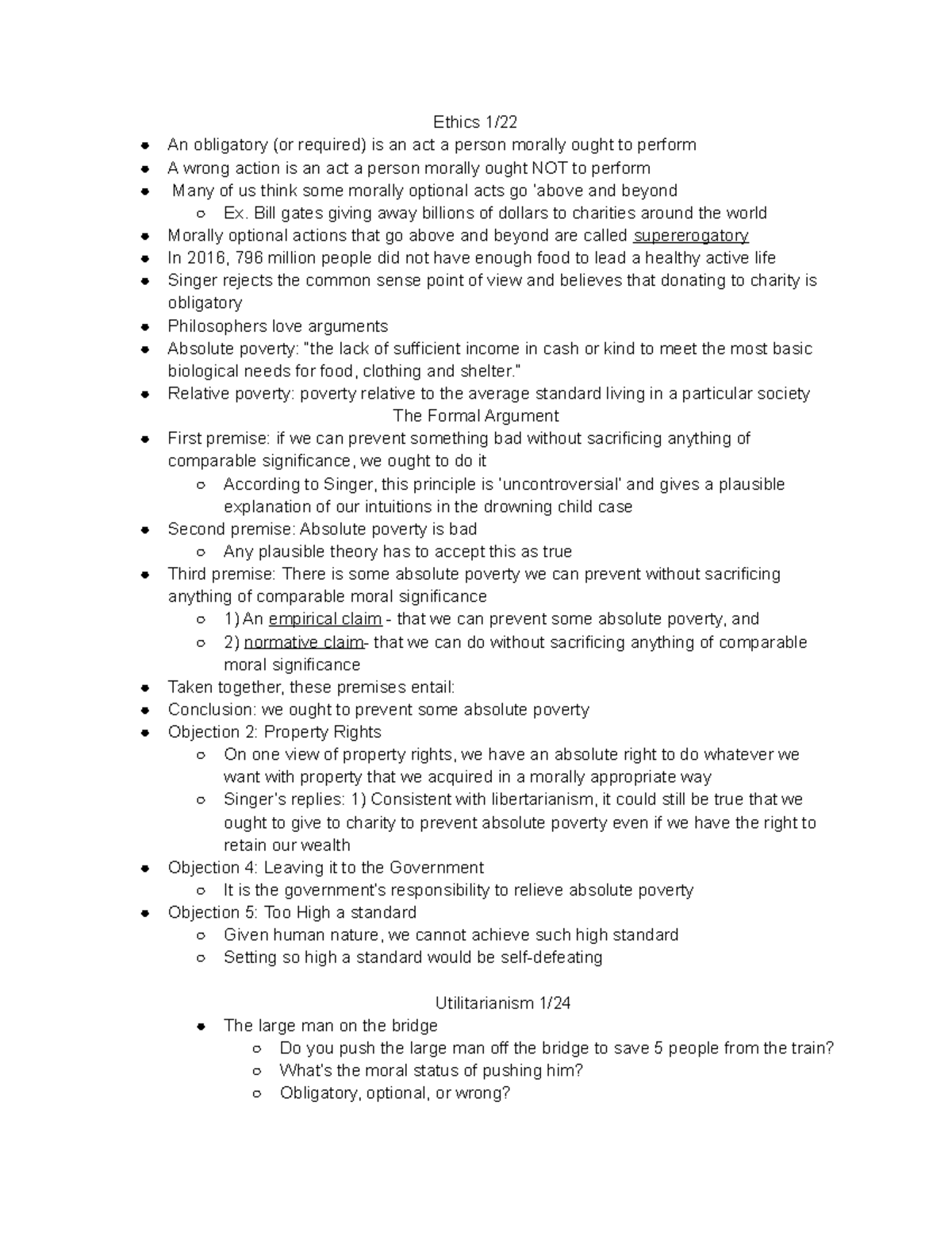 Intro to Ethics - Lecture notes 1-16 - Ethics 1/ An obligatory (or ...