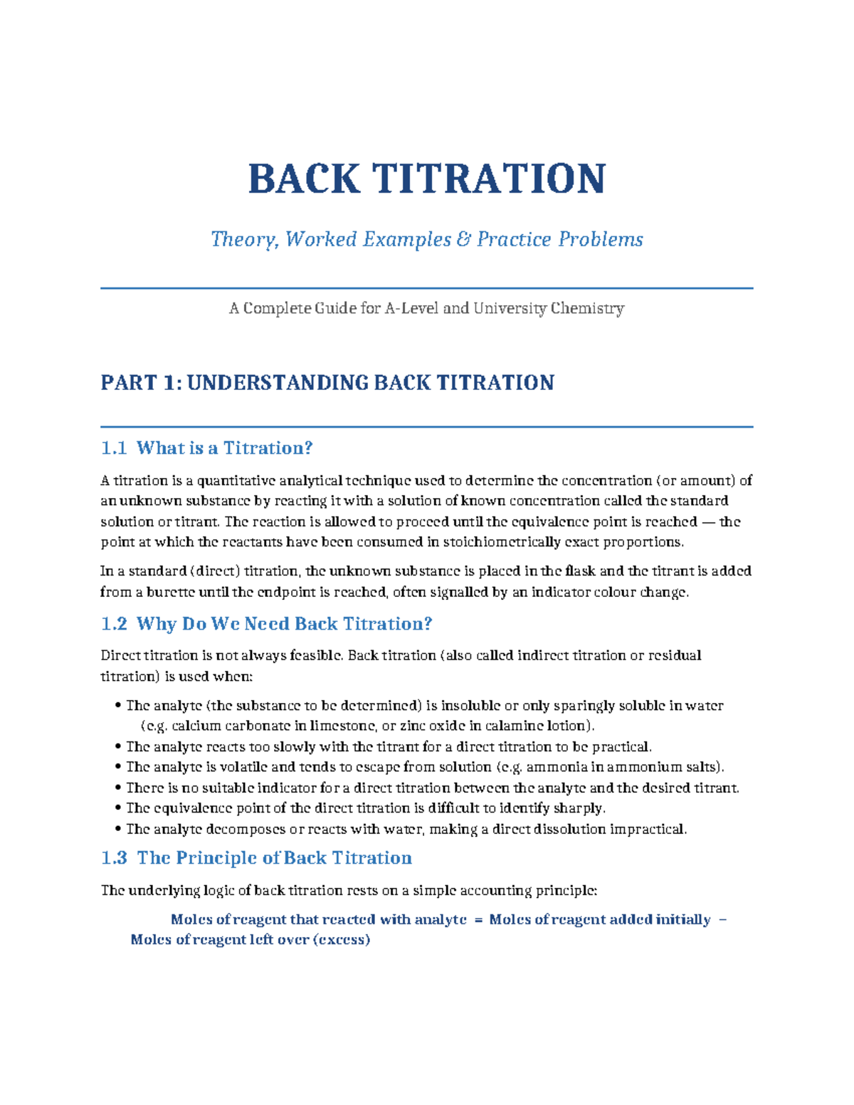 Back Titration Guide: Theory, Examples & Practice Problems - Studocu