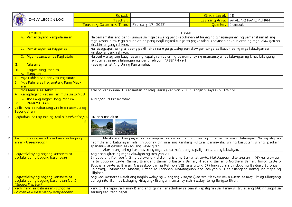 Aralpan Q4 WEEK 1-DAY 1 - Lesson Plan for Quarter 4 - DAILY LESSON LOG ...