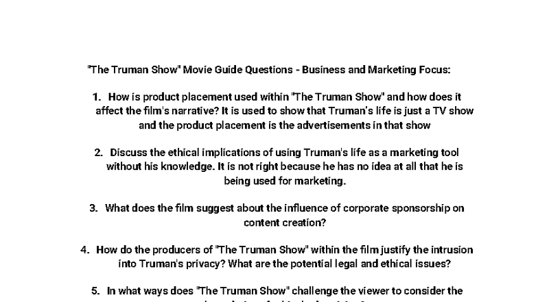 Truman Show Ethics: 15 Key Questions on Marketing & Privacy - Studocu