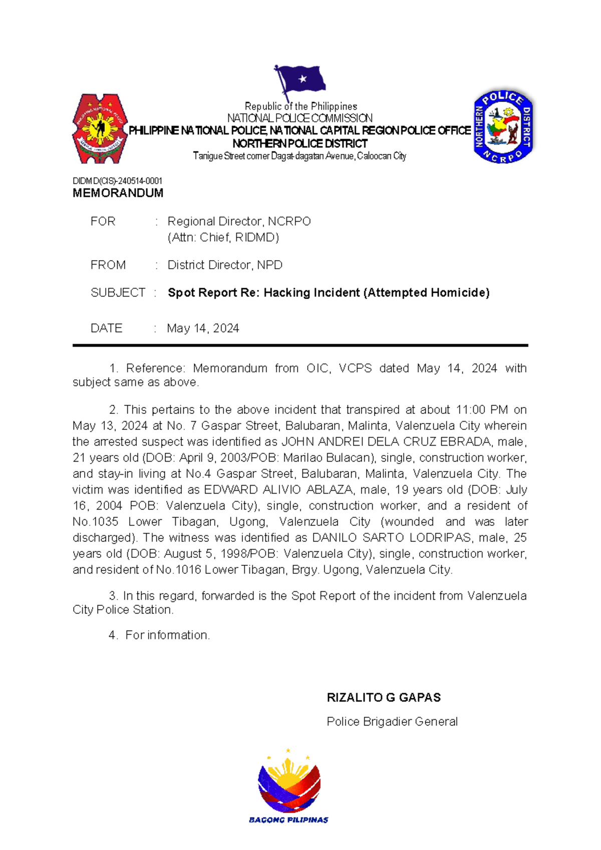 Spot Report: Hacking Incident (Attempted Homicide) - May 2024 - Studocu