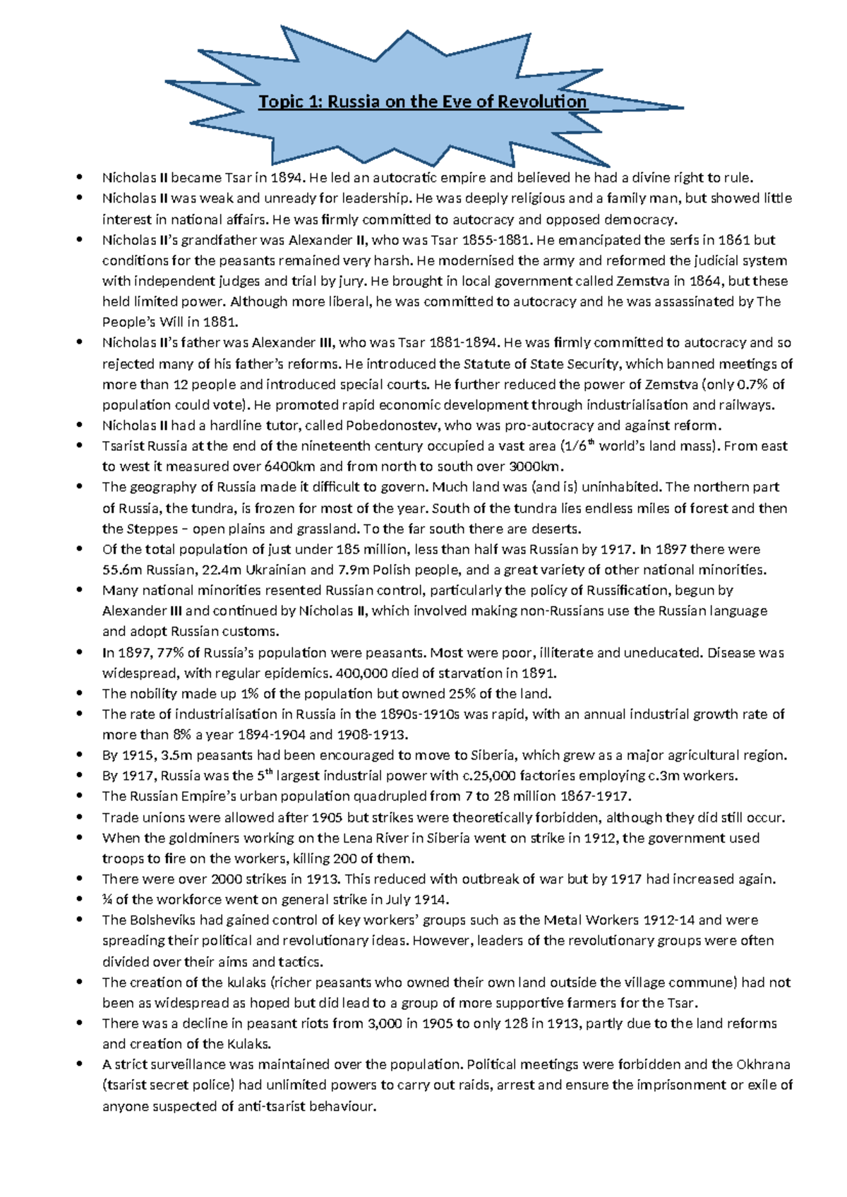 Topic 1: Fact Sheet on Russia Before the Revolution - Studocu