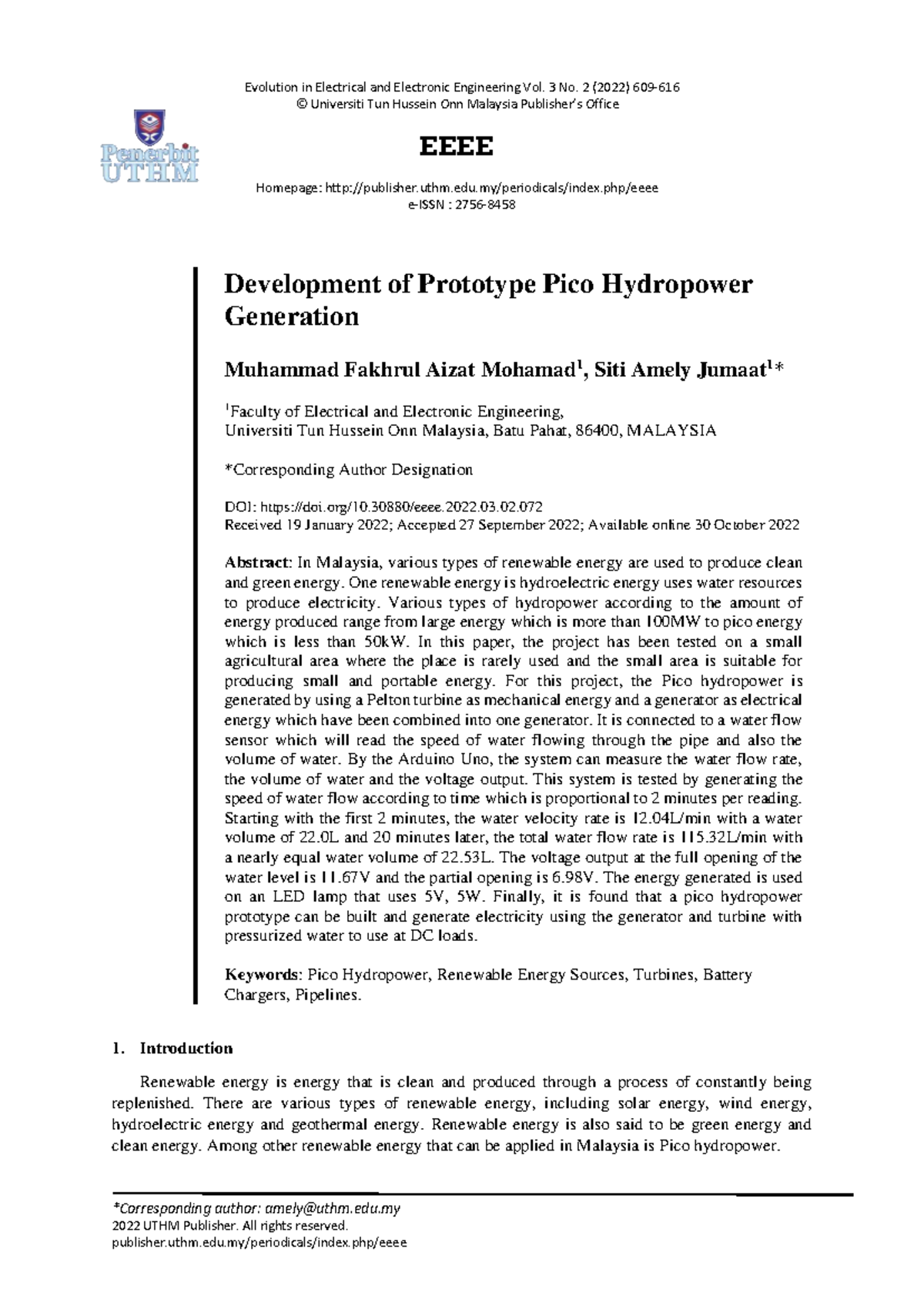 Development of Pico Hydropower Prototype for Renewable Energy (EEET ...