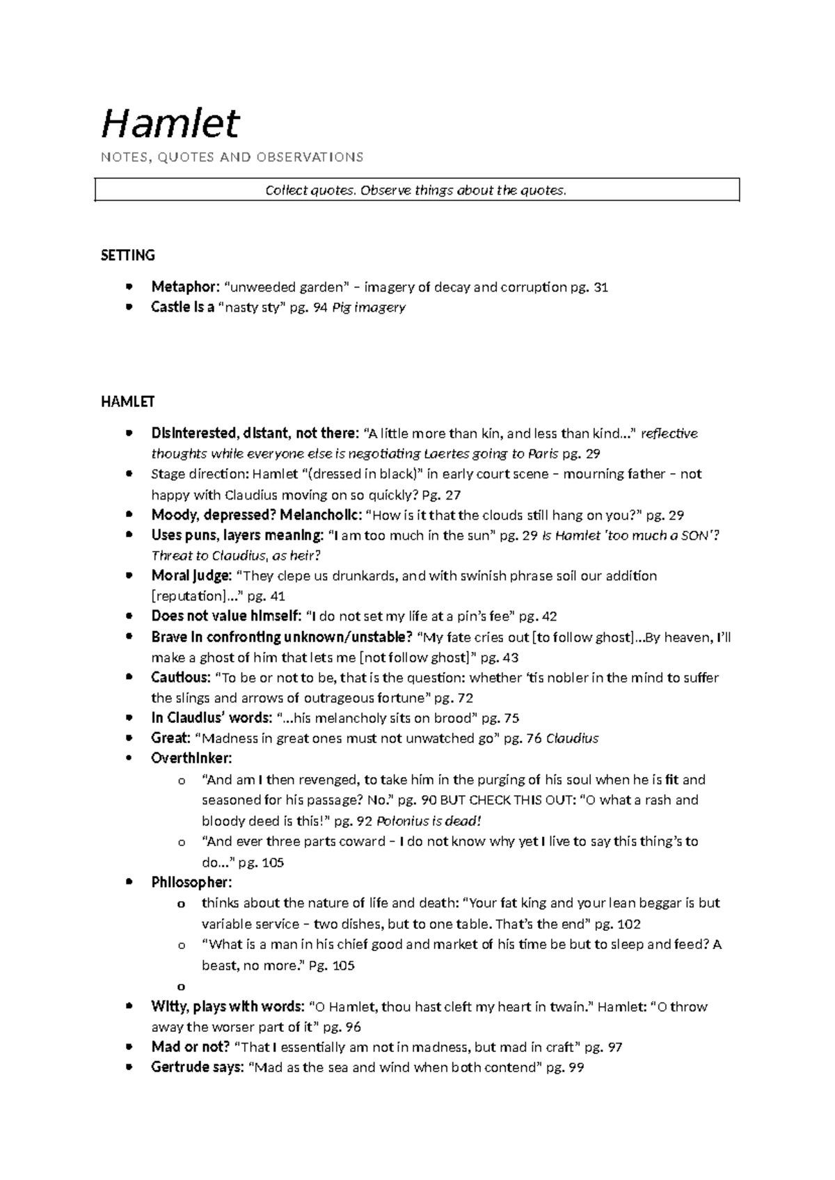 Hamlet (ENG 201) - Final Exam Notes, Quotes & Observations Guide - Studocu
