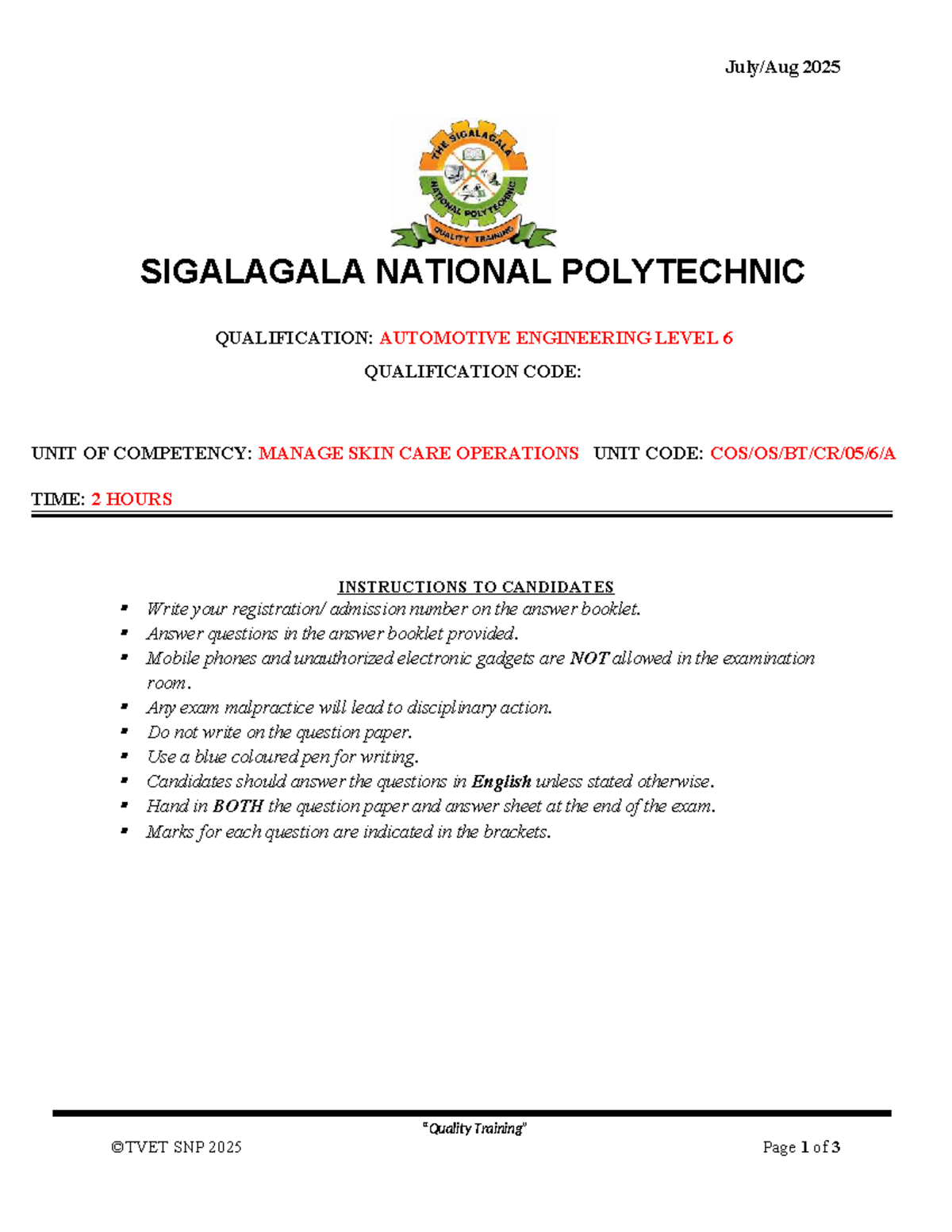 SNP 2025 Automotive Engineering Level 6 Exam: Manage Skin Care Ops ...