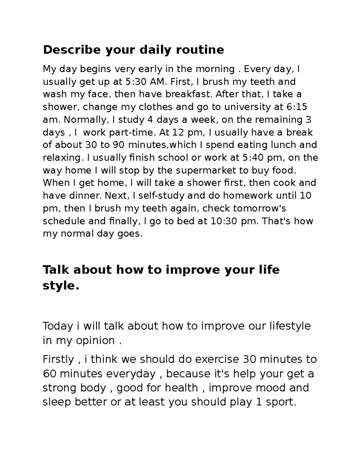 Daily Routine & Lifestyle Improvement - Topic thi giữa kì TA1 - Studocu