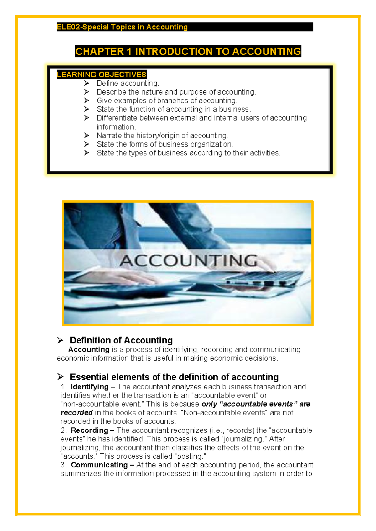 ACCT 101: Chapter 1 - Introduction to Accounting and Its Functions ...