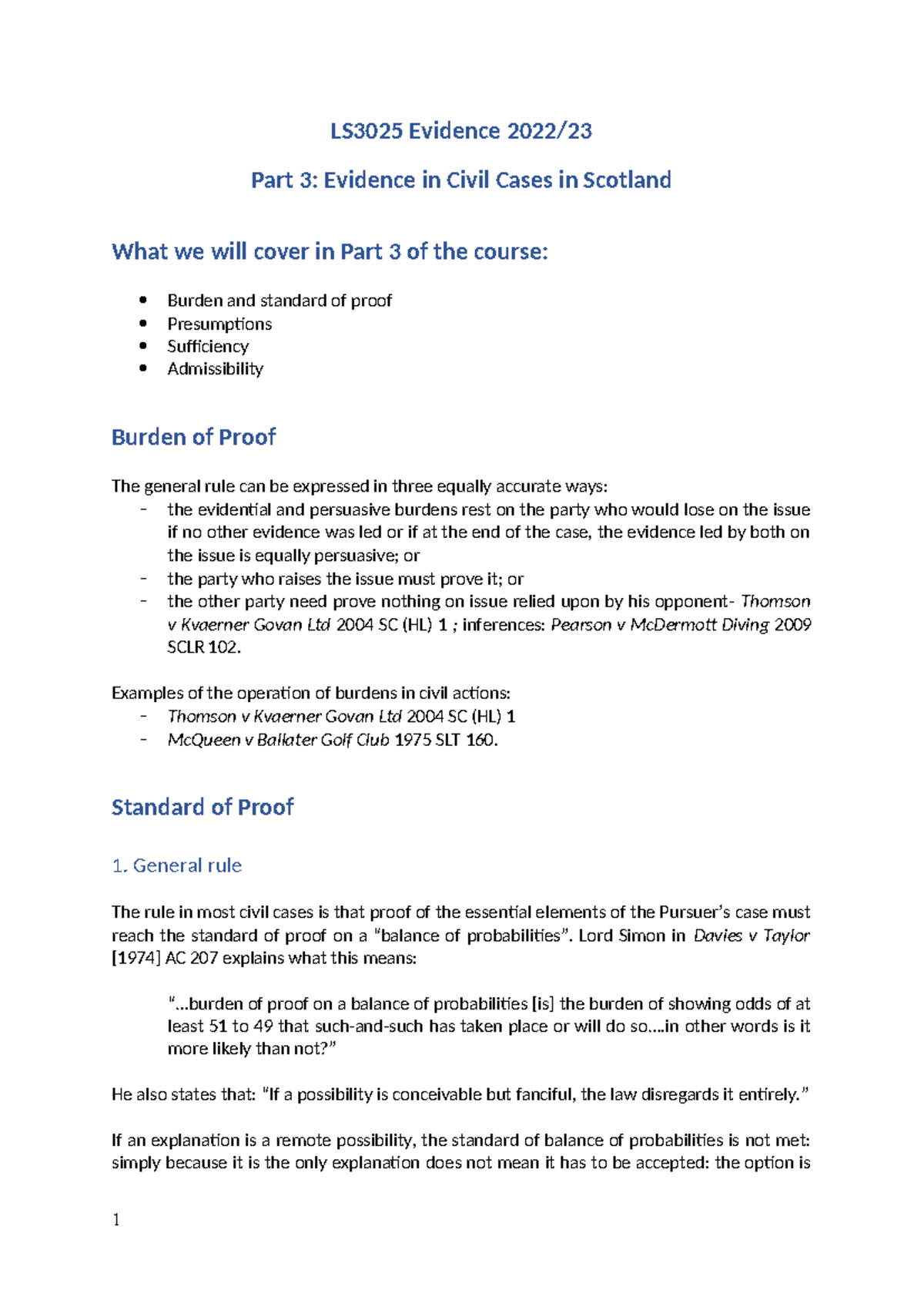 LS3025 Evidence 2022: Part 3 - Burden, Standard & Sufficiency in Civil ...