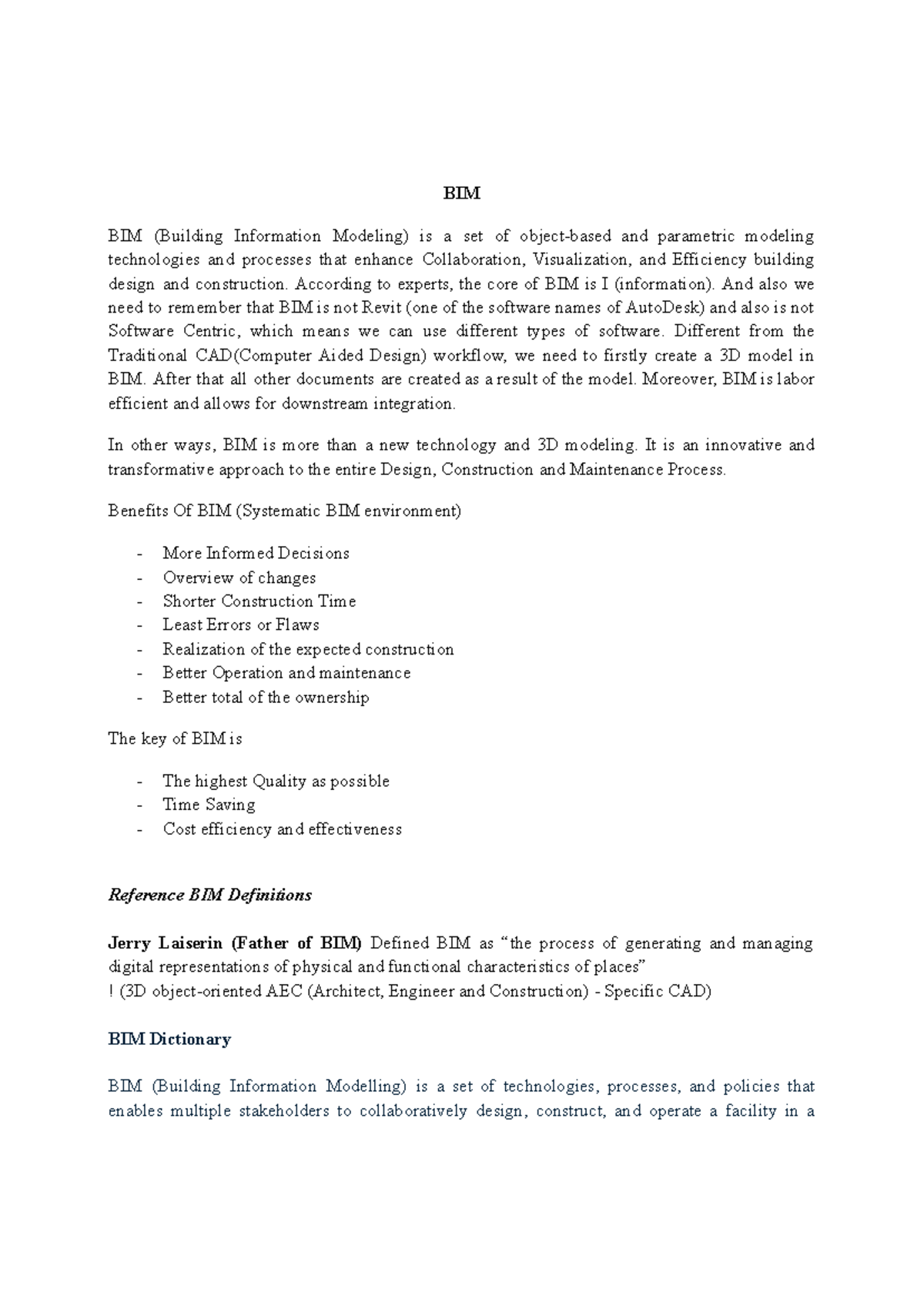 BIM 101: Essential Notes on Building Information Modeling - Studocu