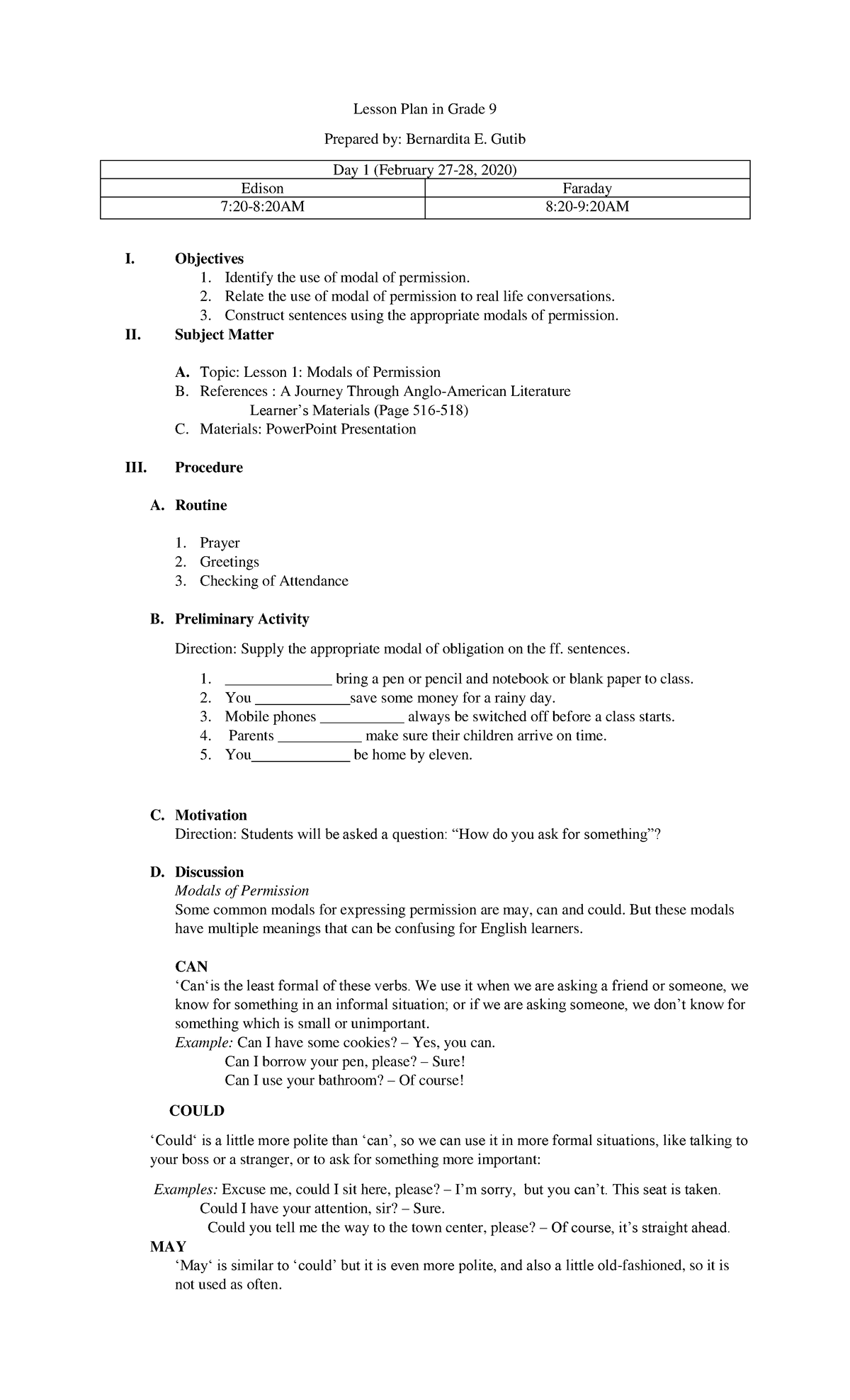 Grade 9 Lesson Plan: Modals of Permission (Lesson 6) - Studocu