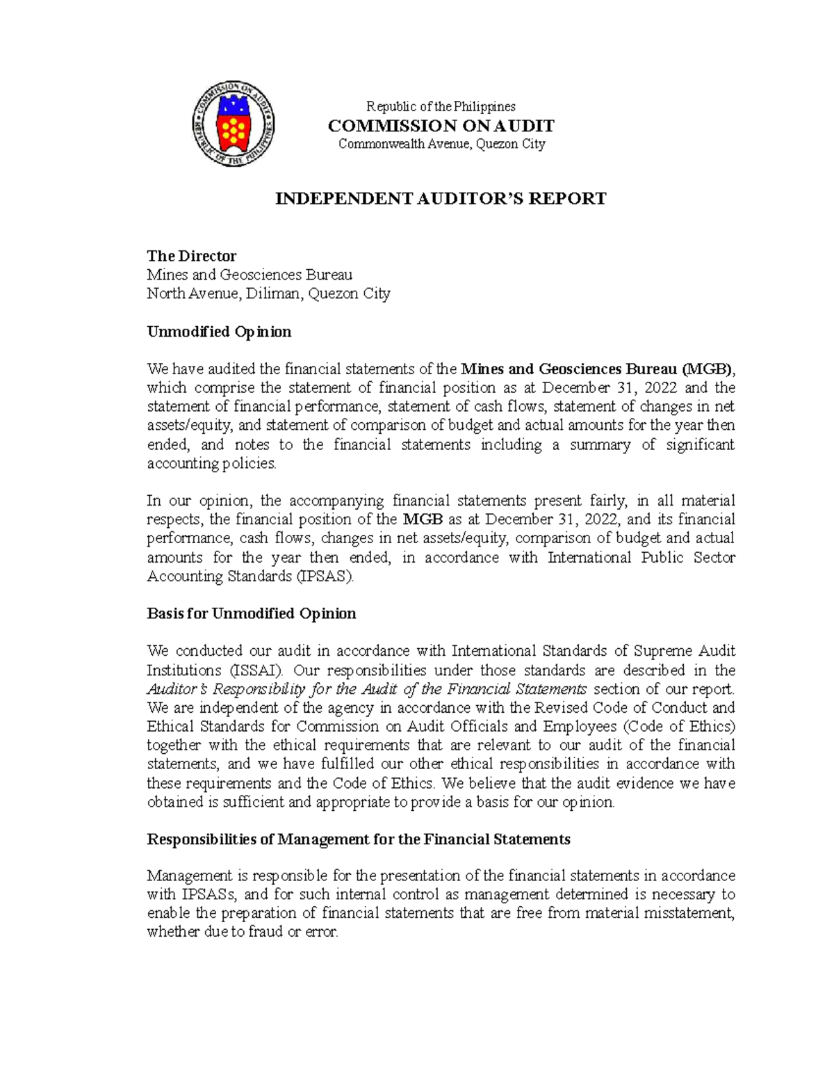 Unmodified Opinion on MGB Financial Statements 2022 - Studocu