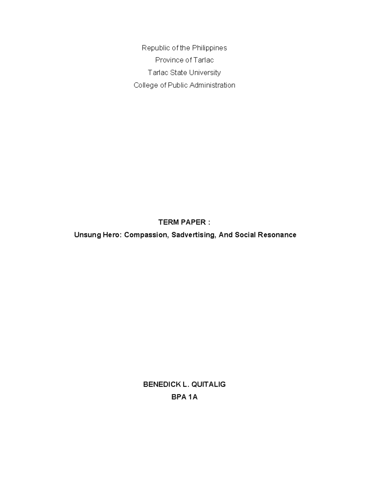 BPA 1A Term Paper: Analyzing 'Unsung Hero' in Sadvertising - Studocu