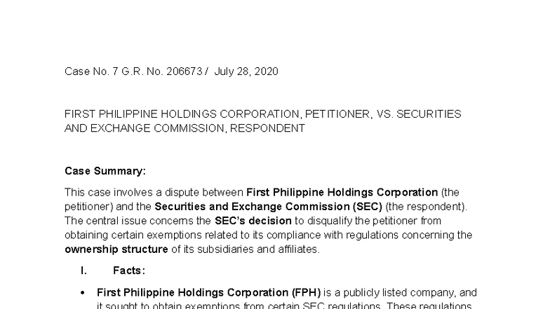 Case Study: G.R. No. 206673 - First Philippine Holdings vs. SEC - Studocu