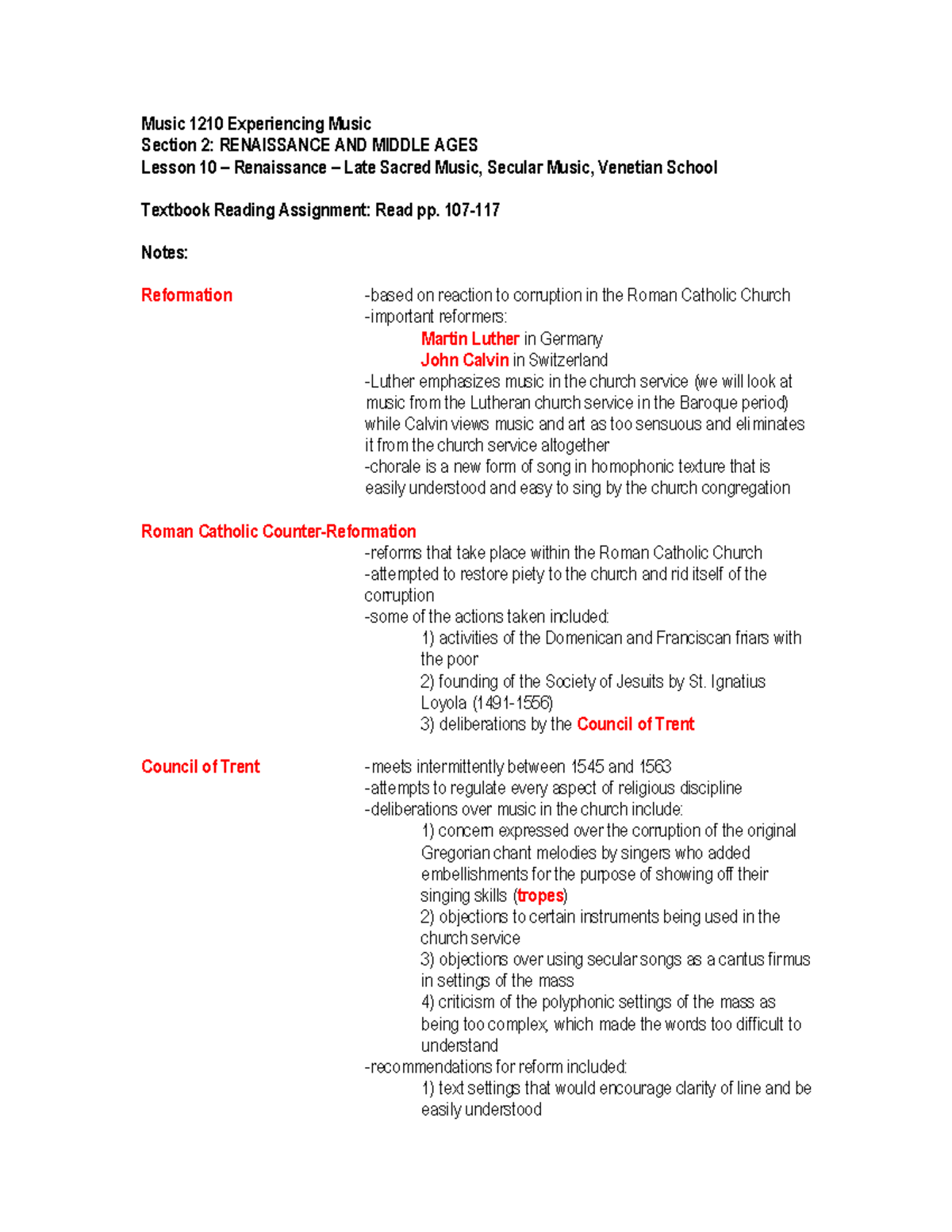 Music 1210 Lecture Notes: Renaissance & Middle Ages Overview - Studocu