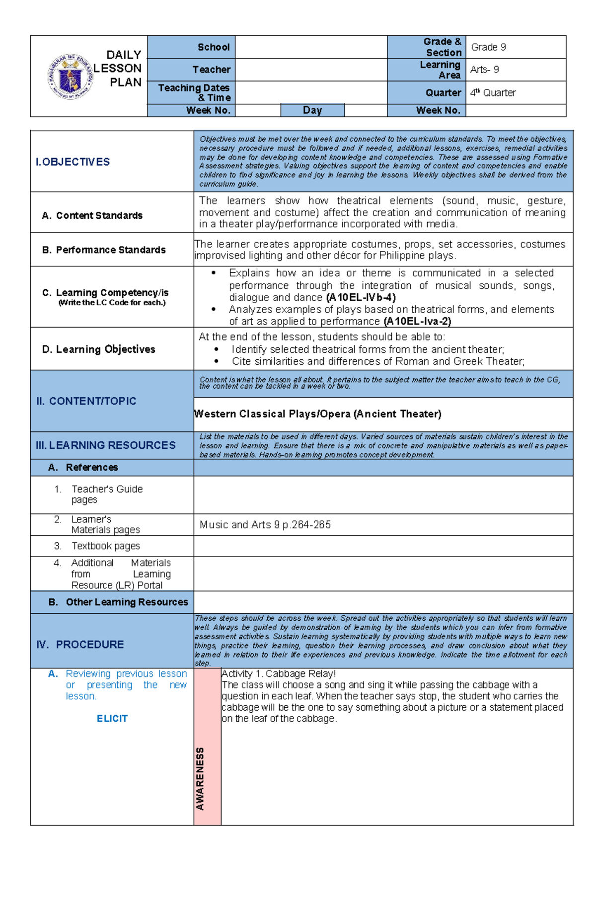 Grade 9 Western Classical Plays-arts - DAILY LESSON PLAN School Grade ...