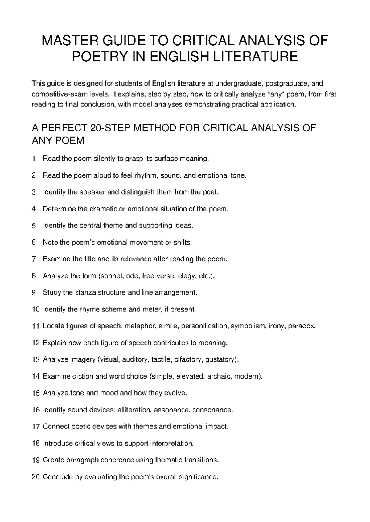 Advanced Critical Analysis of Poetry: A Master Guide - Studocu