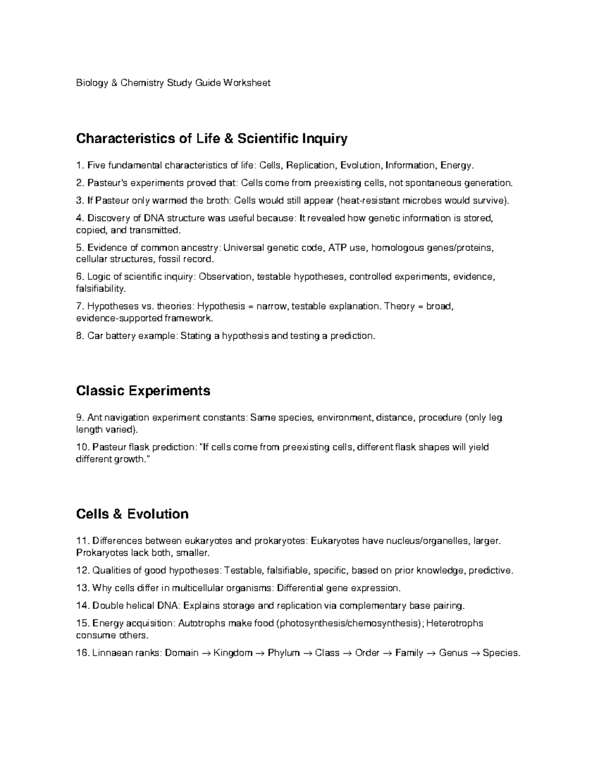 Biology & Chemistry Study Guide: Key Concepts & Classic Experiments - Studocu