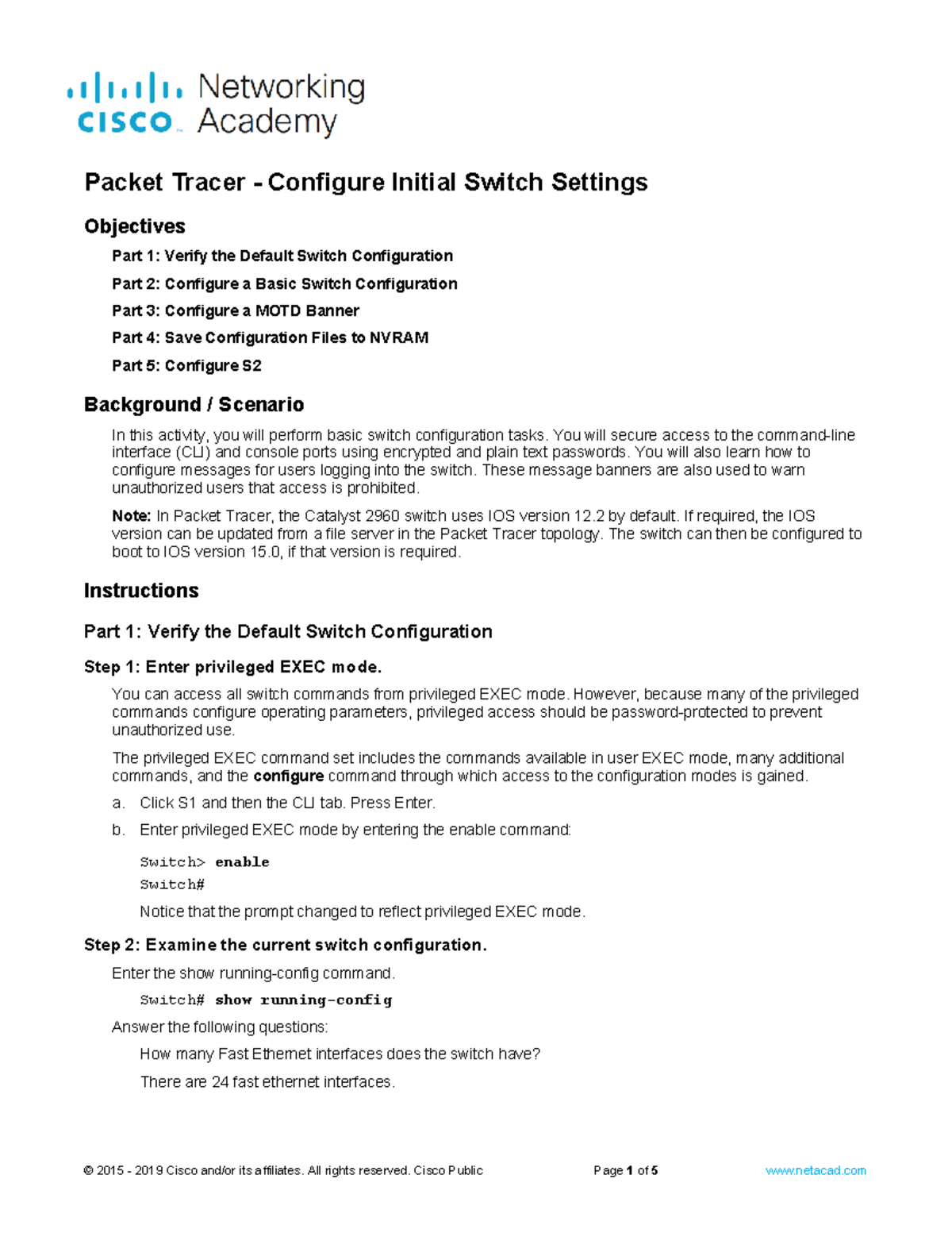 **2.5.5 Packet Tracer - Basic Switch Configuration Guide Homework ...