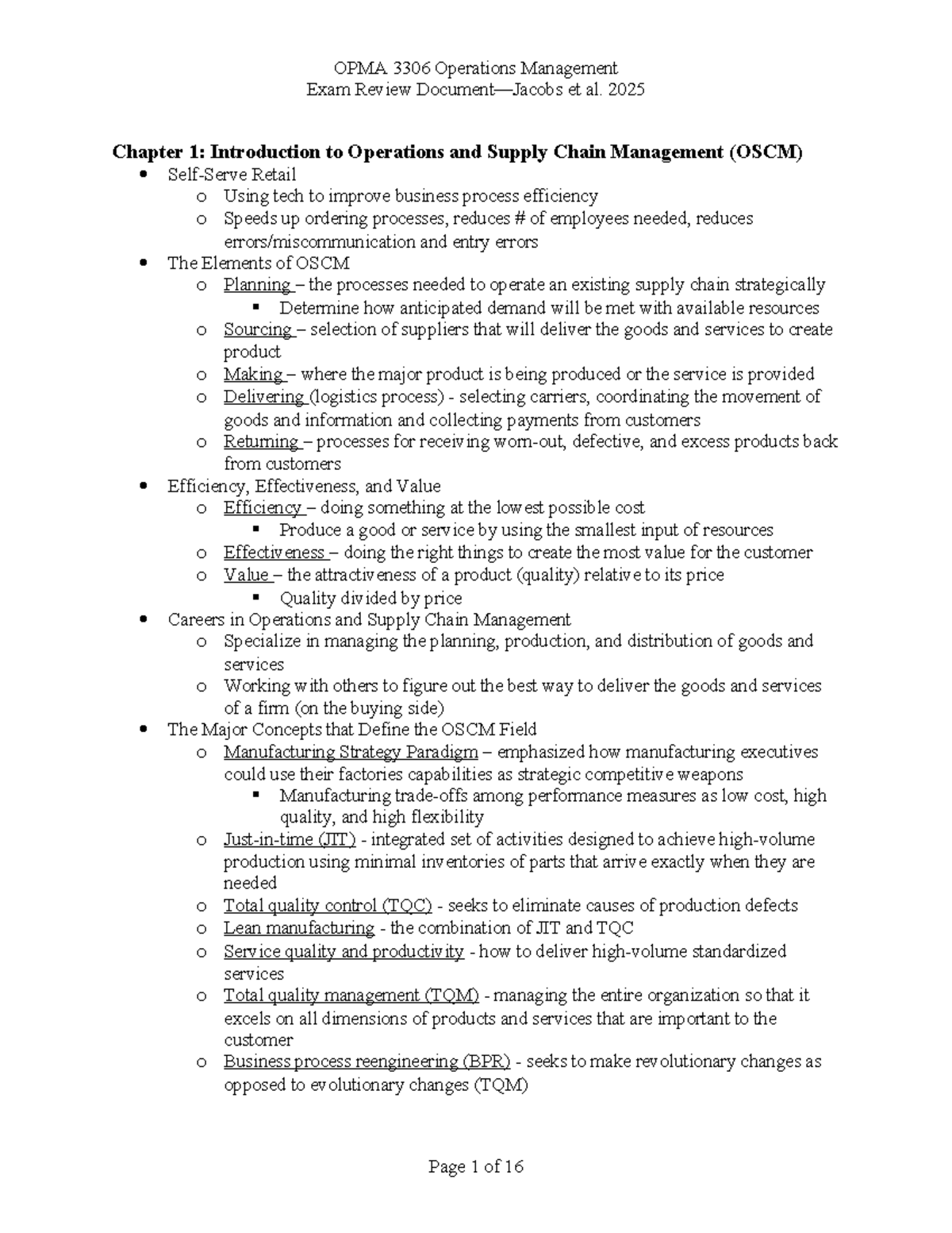 OPMA 3306 Exam Review: Key Concepts in Operations Management - Studocu