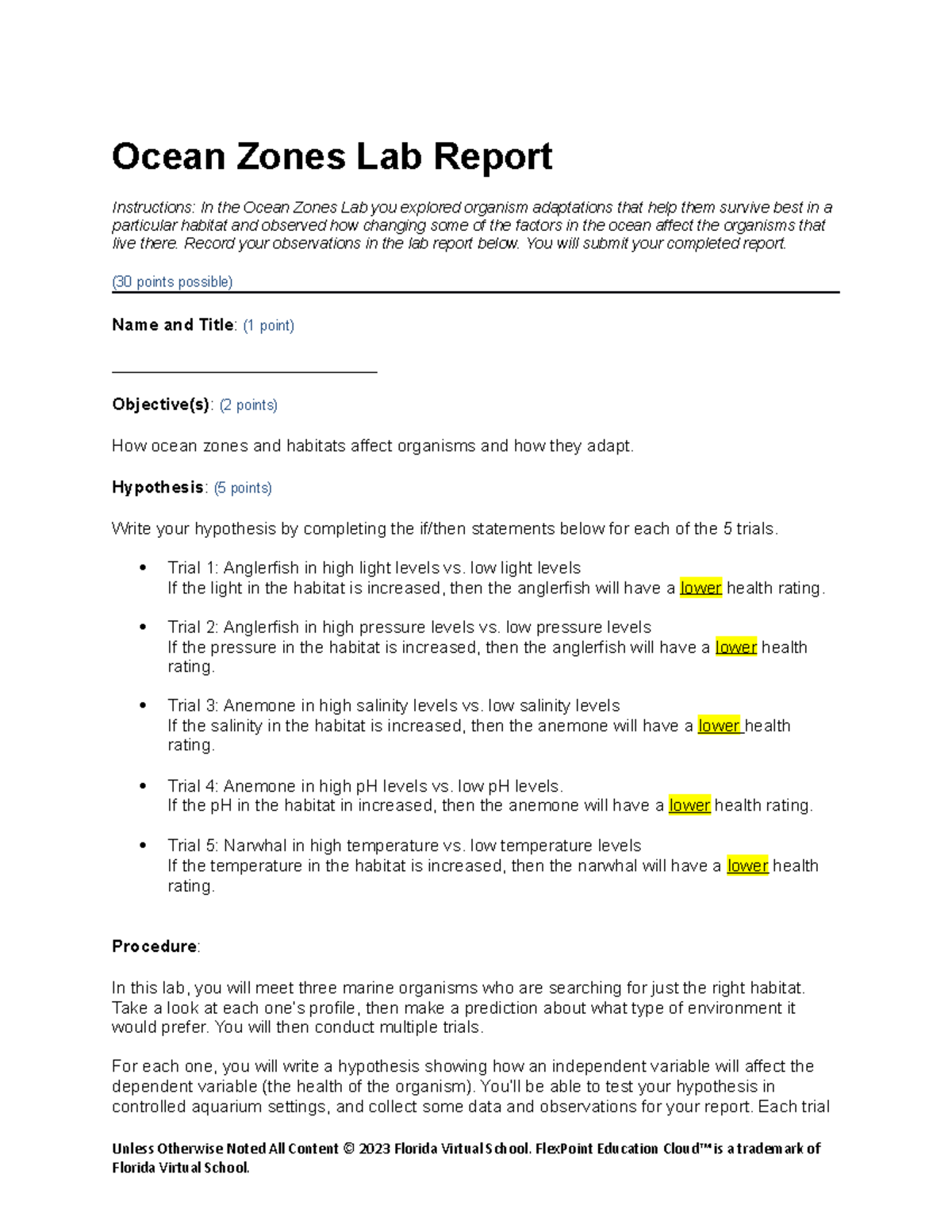 Ocean Zones Lab Report: Organism Adaptations and Hypotheses - Studocu