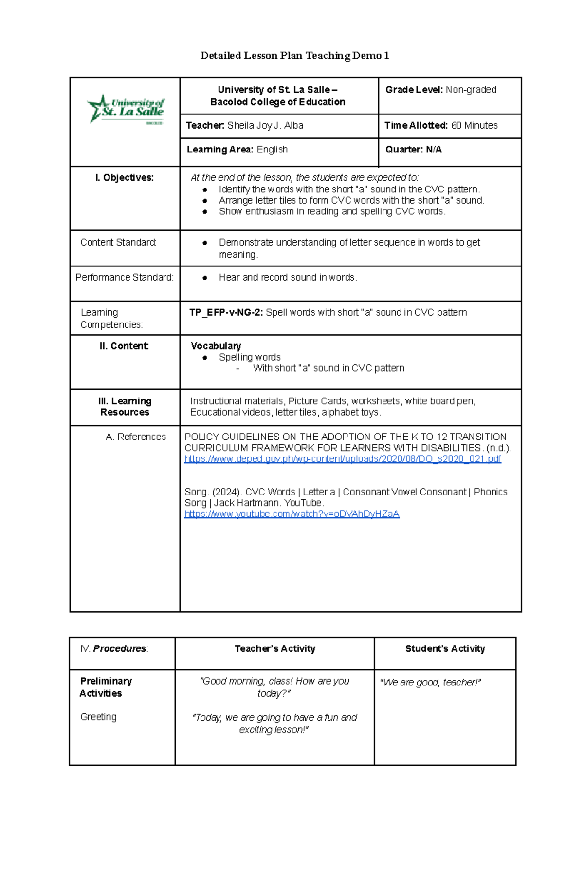 Lesson PLAN Teaching Demo 1 - Detailed Lesson Plan Teaching Demo 1 ...