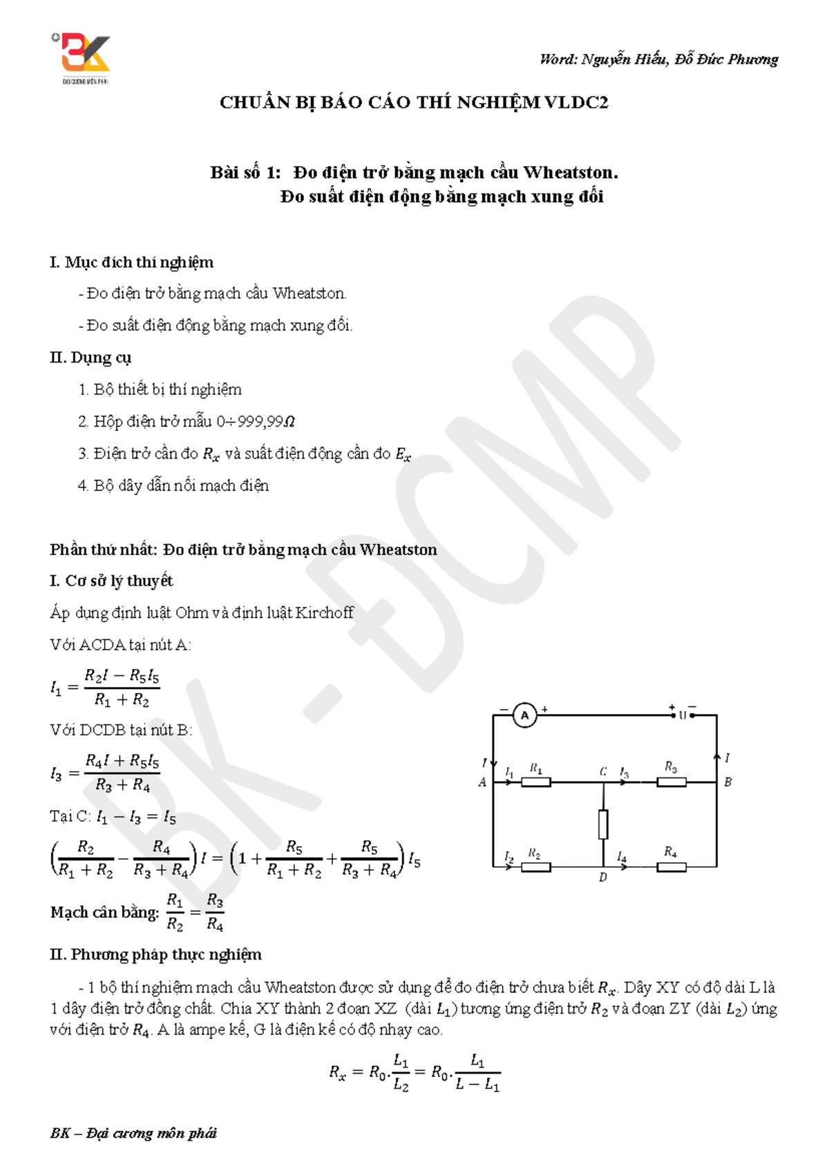 Chuẩn bị TN VLDC2 - CHUẨN BỊ BÁO CÁO THÍ NGHIỆM VLDC Bài số 1: Đo điện trở bằng mạch cầu ...