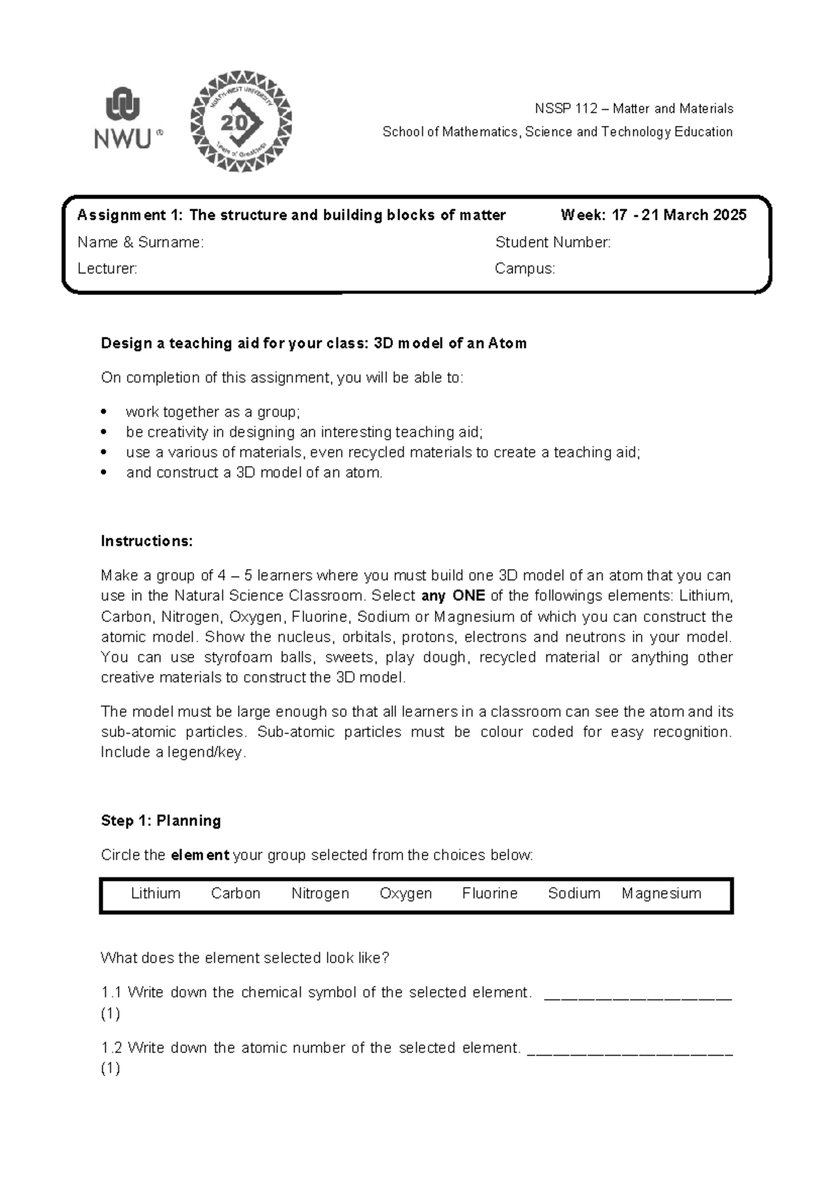 NSSP 112 Assignment 1: Creating a 3D Atom Model Teaching Aid - Studocu